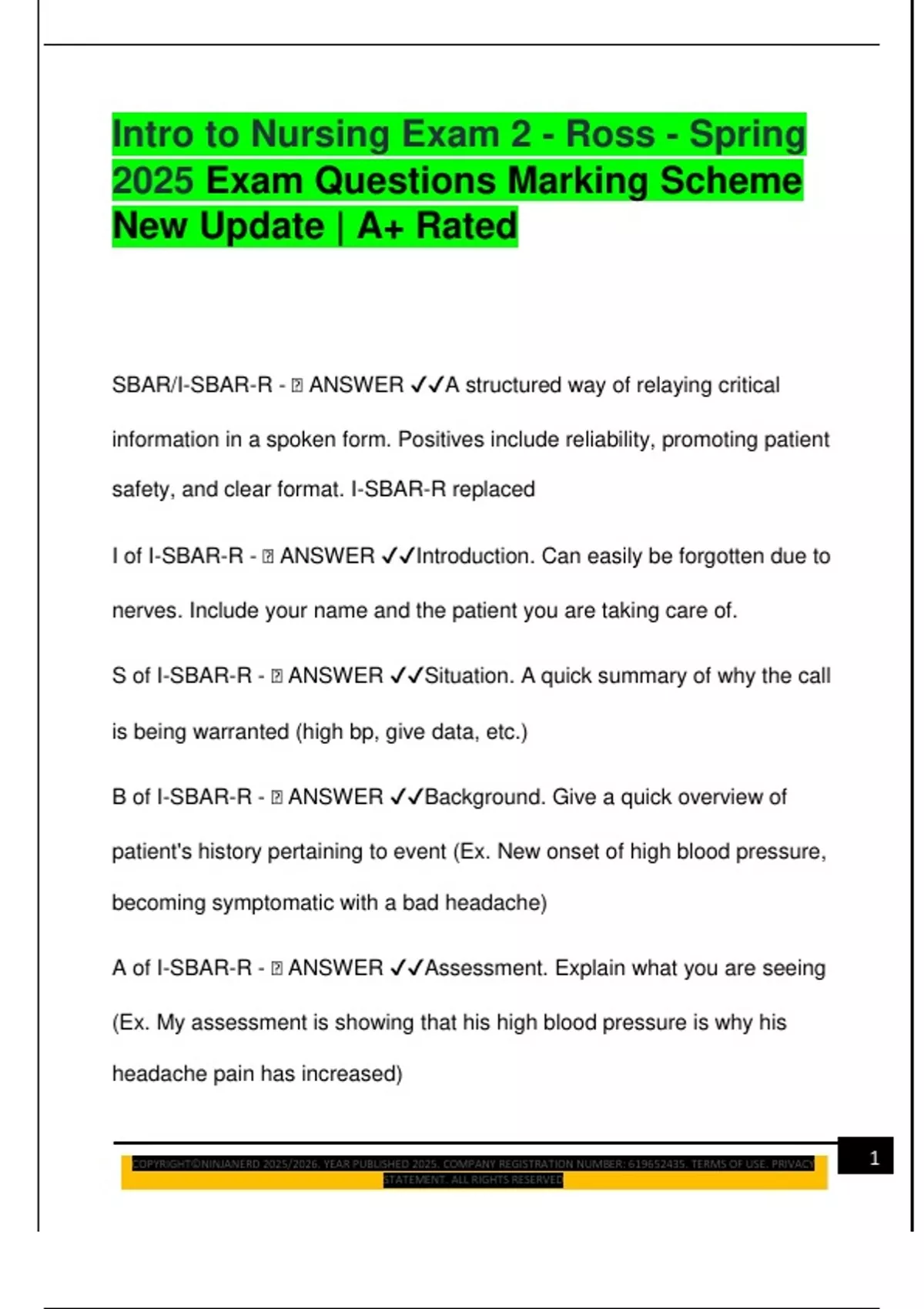 Intro to Nursing Exam 2 - Ross - Spring 2025 Exam Questions Marking ...