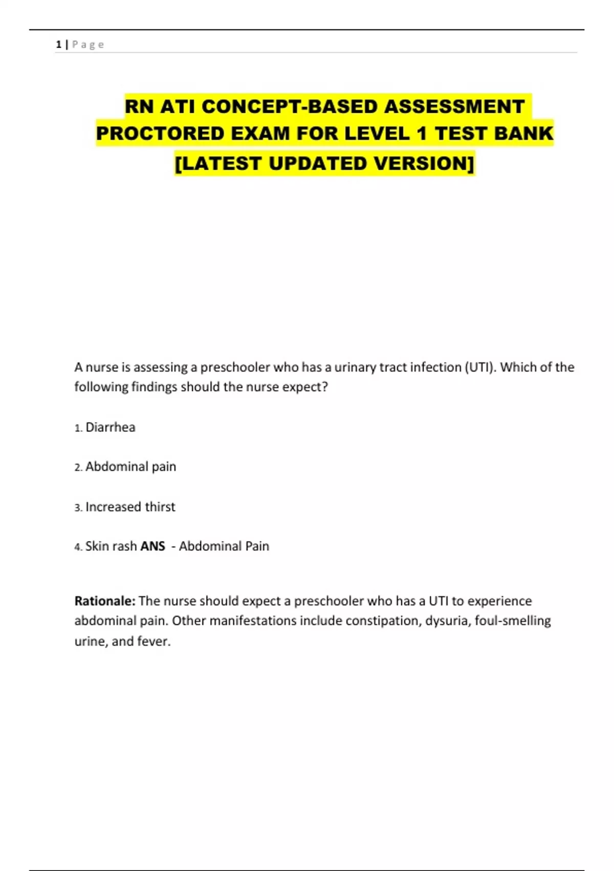 RN ATI CONCEPT-BASED ASSESSMENT PROCTORED EXAM FOR LEVEL 1 TEST BANK ...