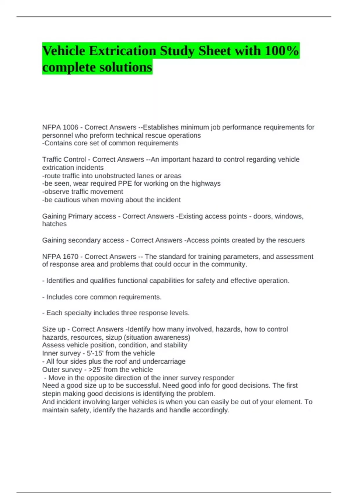 Vehicle Extrication Study Sheet with 100% complete solutions - Vehicle ...