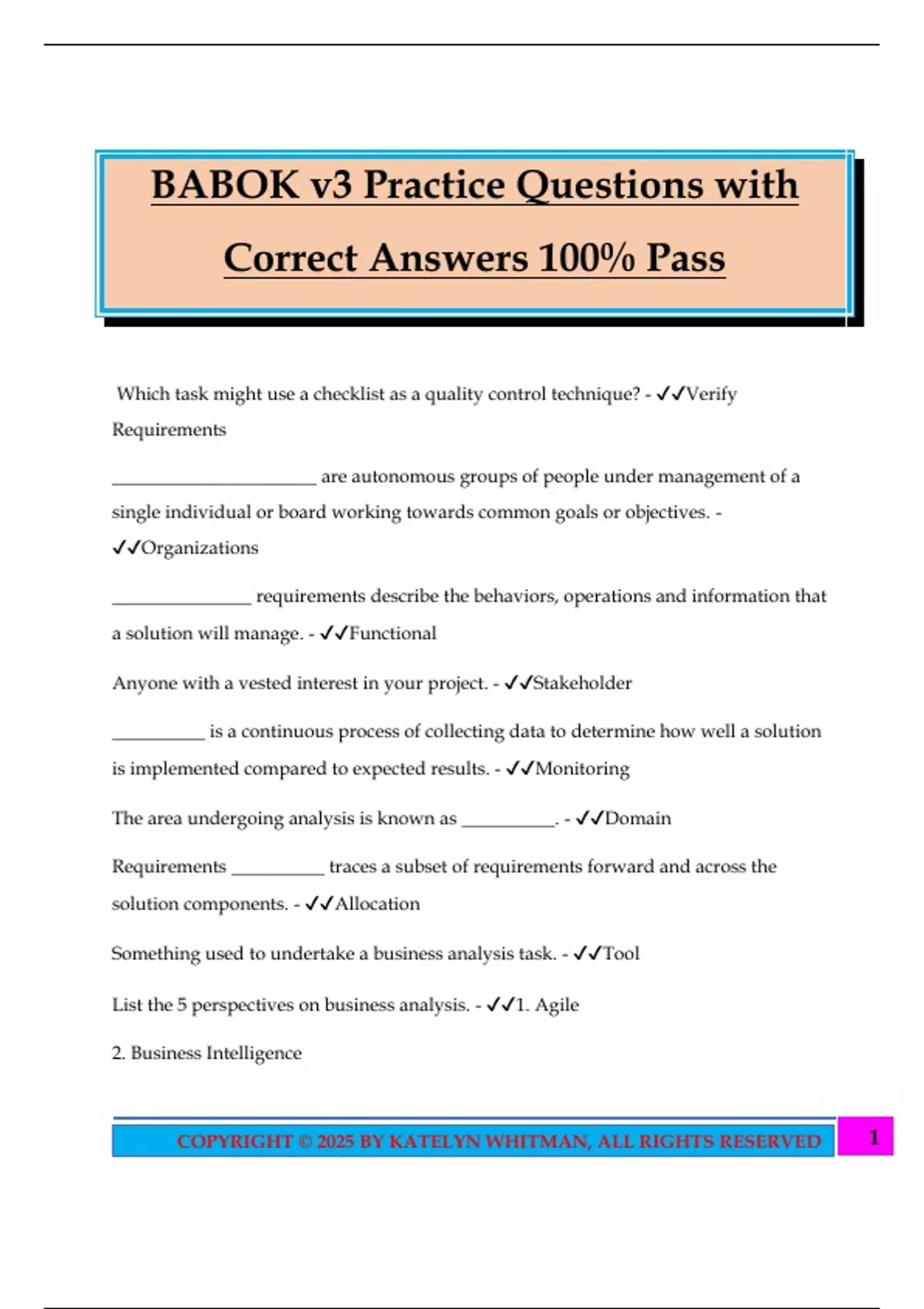 BABOK v3 Practice Questions with Correct Answers 100% Pas - BABOK ...