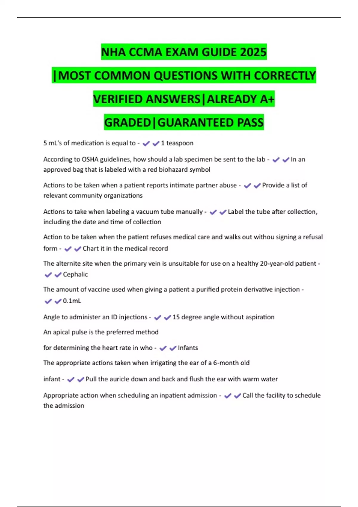 NHA CCMA EXAM GUIDE 2025 |MOST COMMON QUESTIONS WITH CORRECTLY VERIFIED ...