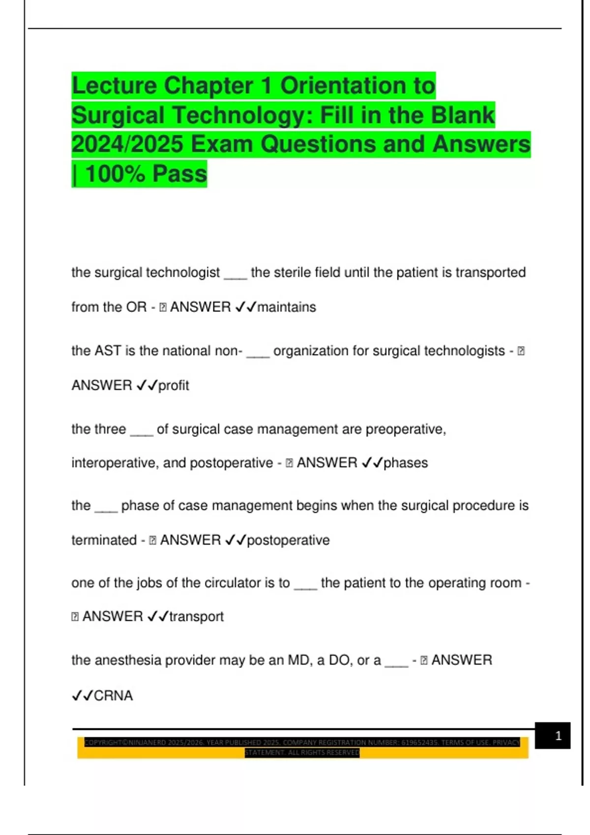 Lecture Chapter 1 Orientation to Surgical Technology: Fill in the Blank 2024/2025 Exam Questions ...