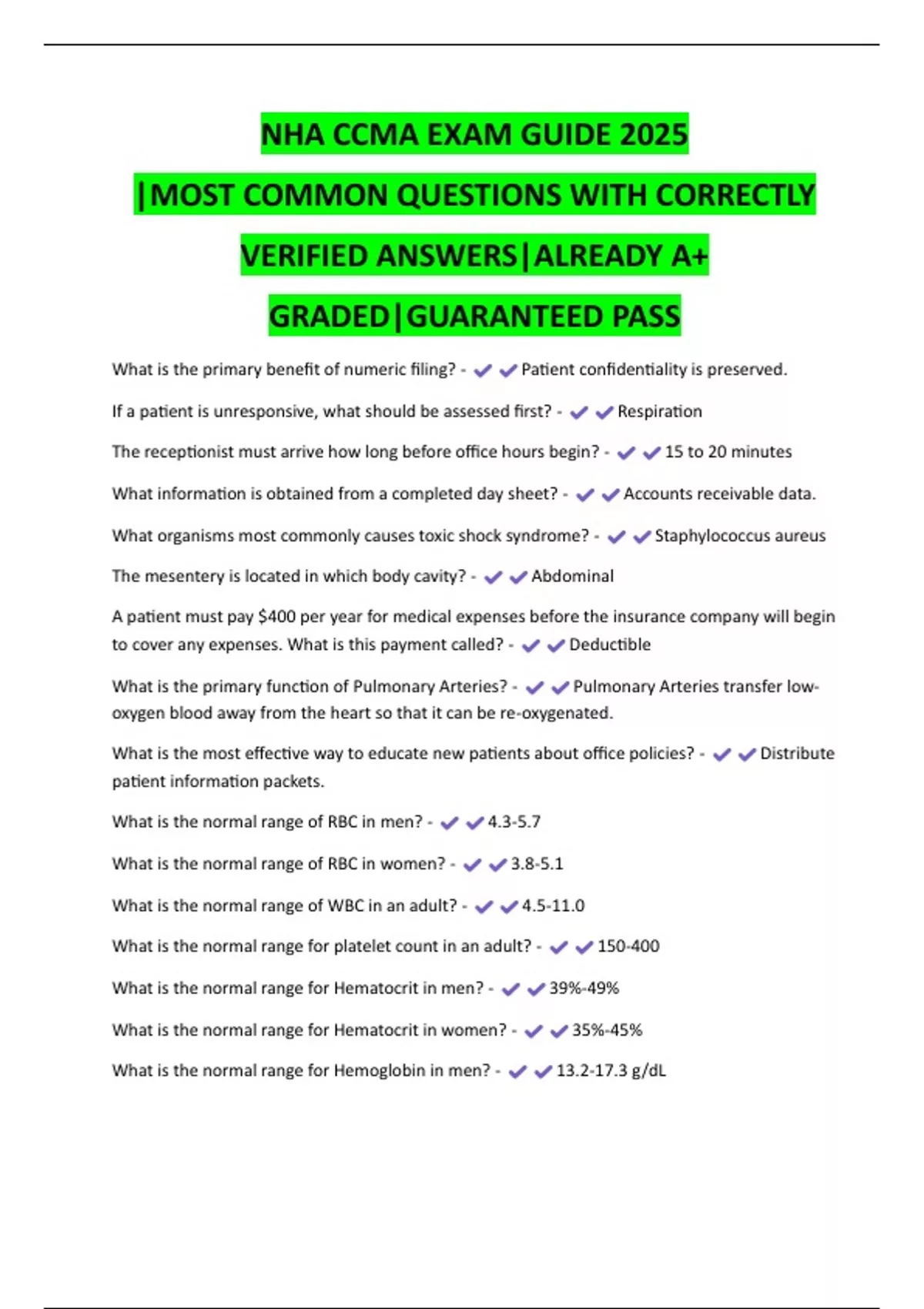 NHA CCMA EXAM GUIDE 2025 |MOST COMMON QUESTIONS WITH CORRECTLY VERIFIED ...