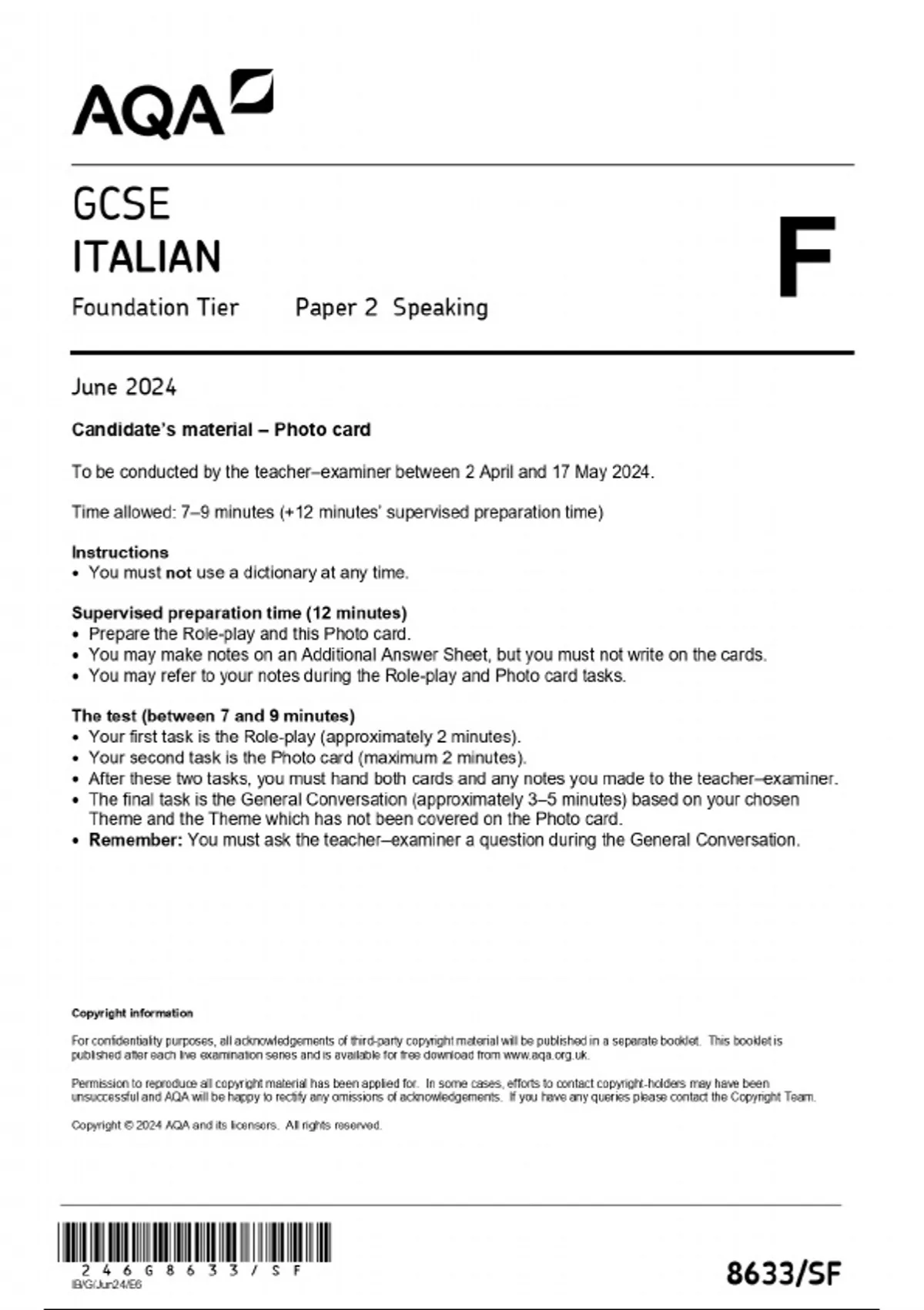 2024 AQA GCSE ITALIAN Foundation Tier Paper 2 Speaking QUESTION PAPER ...