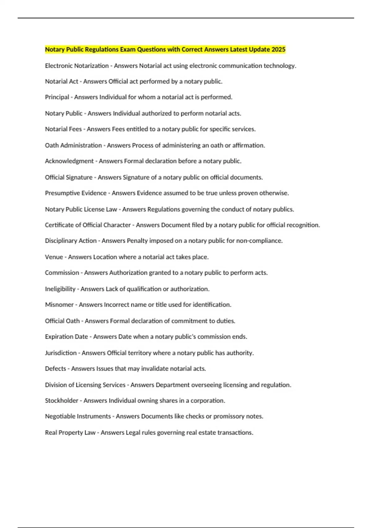 Notary Public Regulations Exam Questions with Correct Answers Latest ...