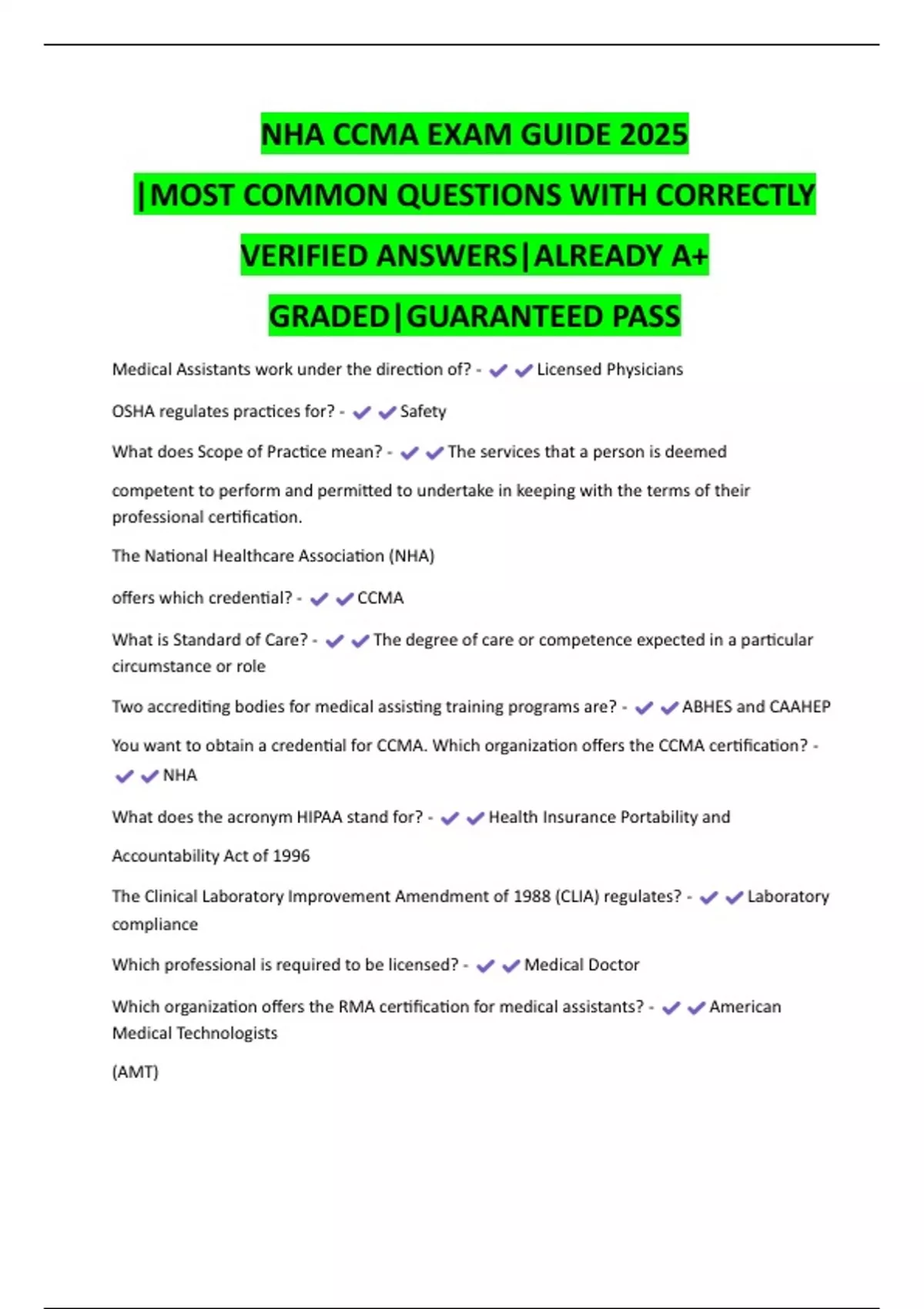 NHA CCMA Comprehensive Exam Study Guide 2025 | Pass Guaranteed ...