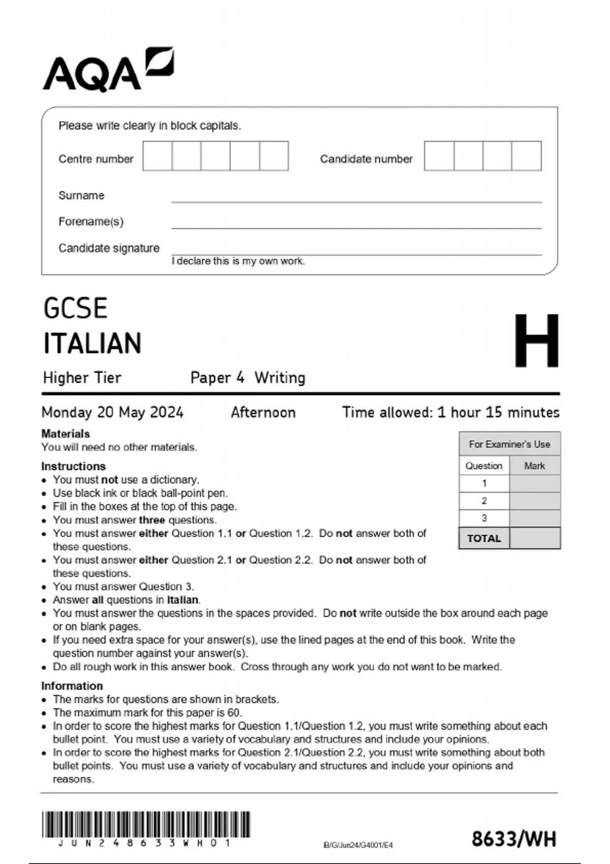 2024 AQA GCSE ITALIAN Higher Tier Paper 4 Writing QUESTION PAPER WITH ...