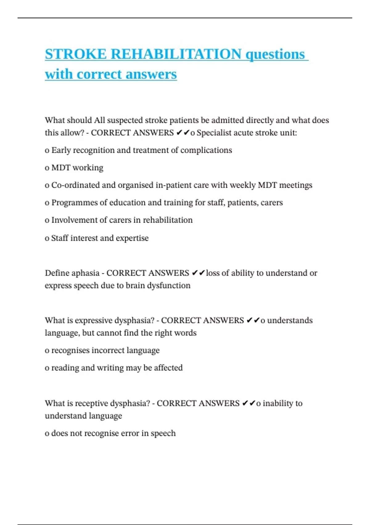 STROKE REHABILITATION questions with correct answers - Certified stroke rehab specialist - Stuvia US