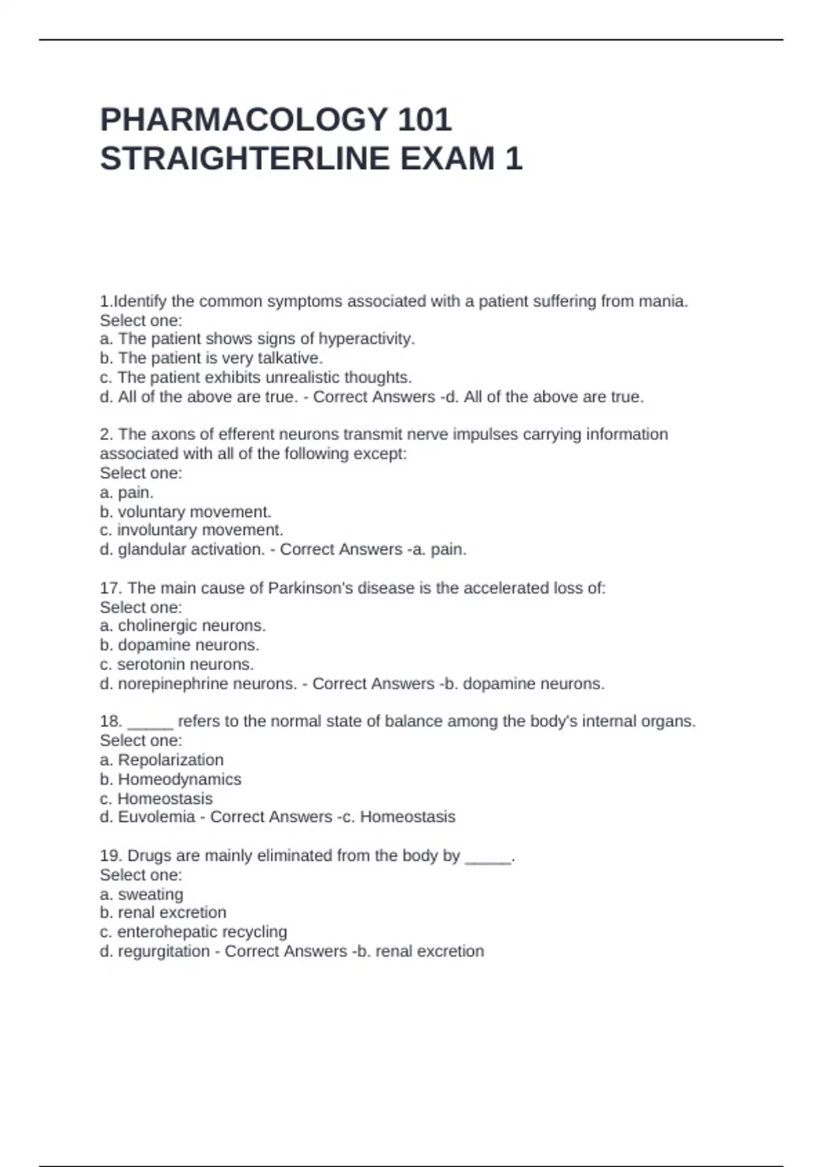 PHARMACOLOGY 101 STRAIGHTERLINE EXAM 1 QUESTIONS AND ANSWERS (GRADED A ...