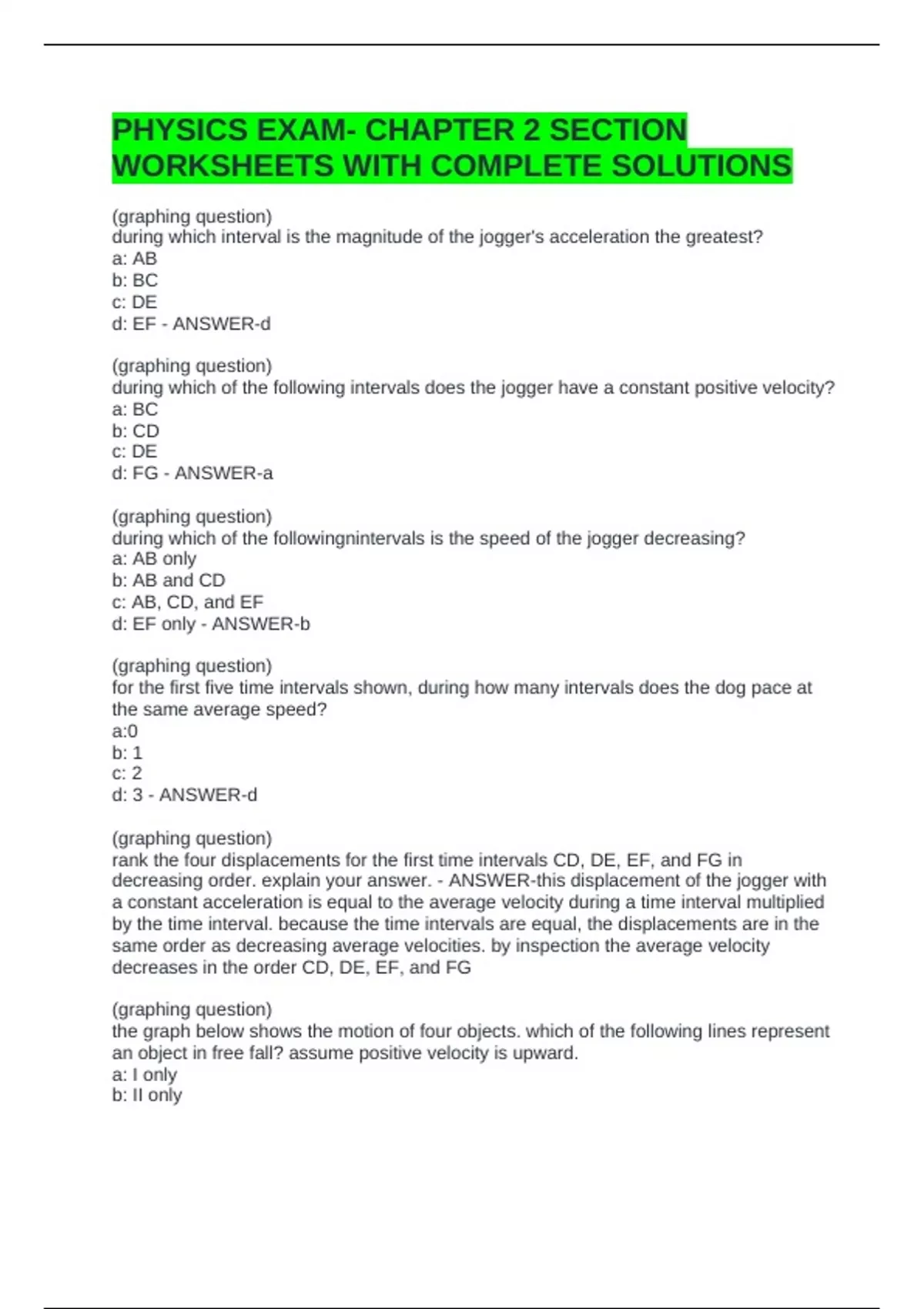 PHYSICS EXAM- CHAPTER 2 SECTION WORKSHEETS WITH COMPLETE SOLUTIONS ...