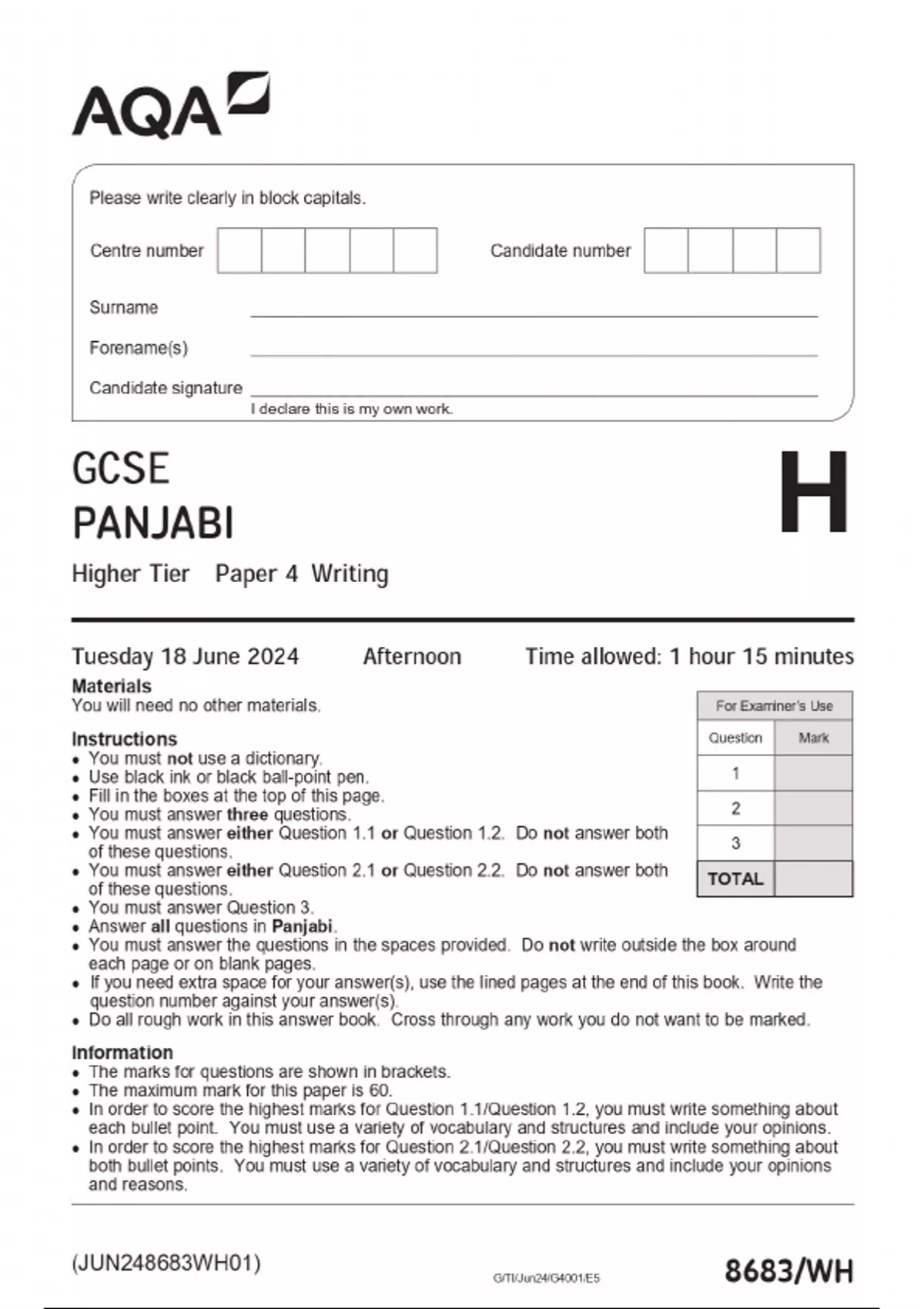 2024 GCSE PANJABI Foundation Tier Paper 4 Writing QUESTION PAPER WITH ...