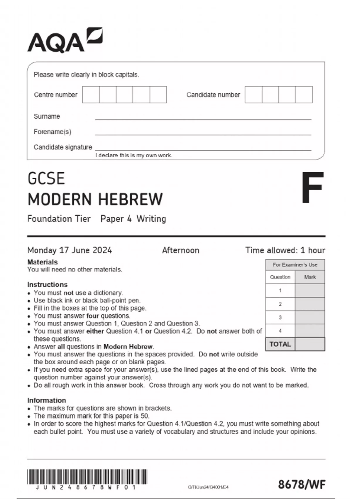 2024 AQA GCSE MODERN HEBREW Foundation Tier Paper 4 Writing QUESTION ...