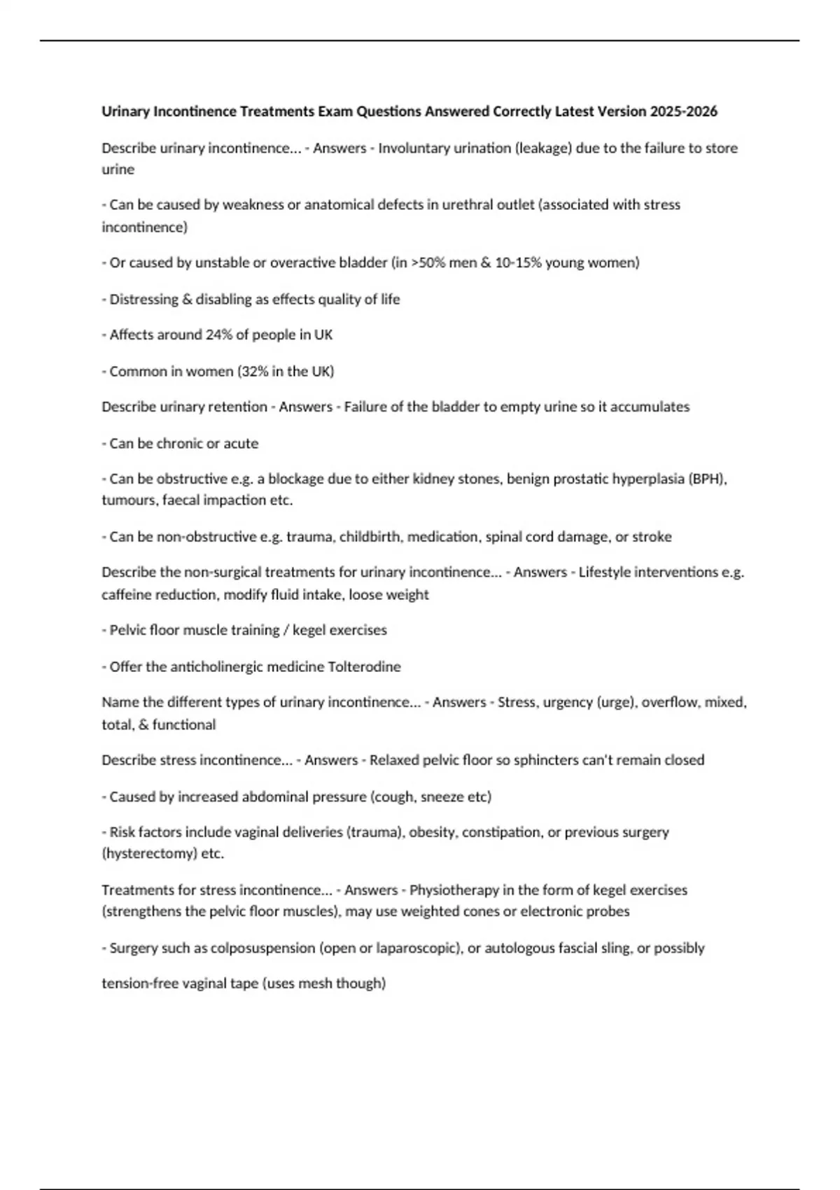 Urinary Incontinence Treatments Exam Questions Answered Correctly ...
