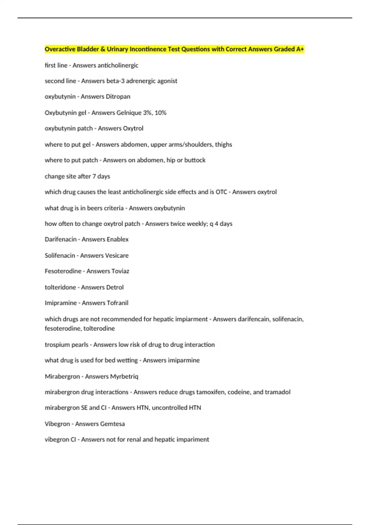 Overactive Bladder & Urinary Incontinence Test Questions with Correct ...