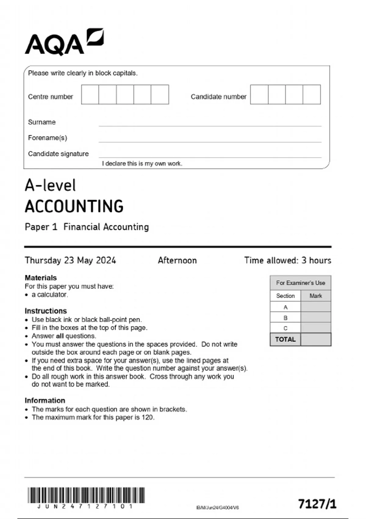 PACKAGE-::2024 AQA A-level ACCOUNTING Paper 1& 2 QUESTION PAPER WITH ...