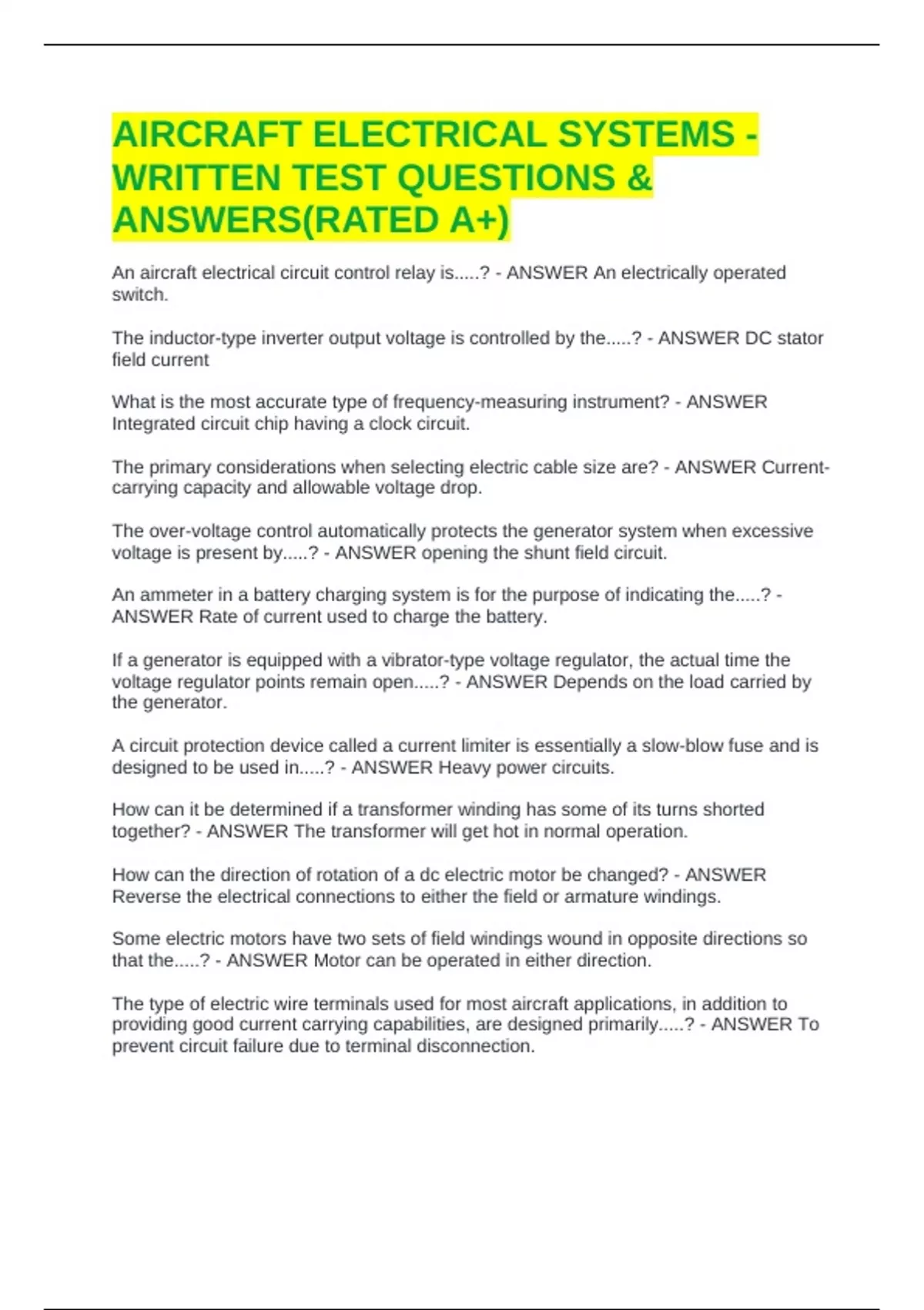 AIRCRAFT ELECTRICAL SYSTEMS - WRITTEN TEST QUESTIONS & ANSWERS(RATED A+ ...