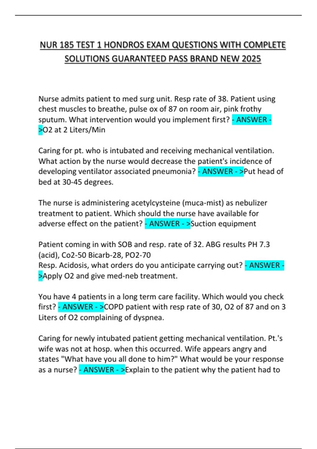 NUR 185 TEST 1 HONDROS EXAM QUESTIONS WITH COMPLETE SOLUTIONS ...