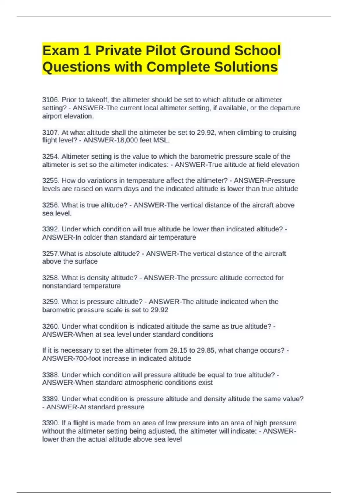 Exam 1 Private Pilot Ground School Questions with Complete Solutions ...