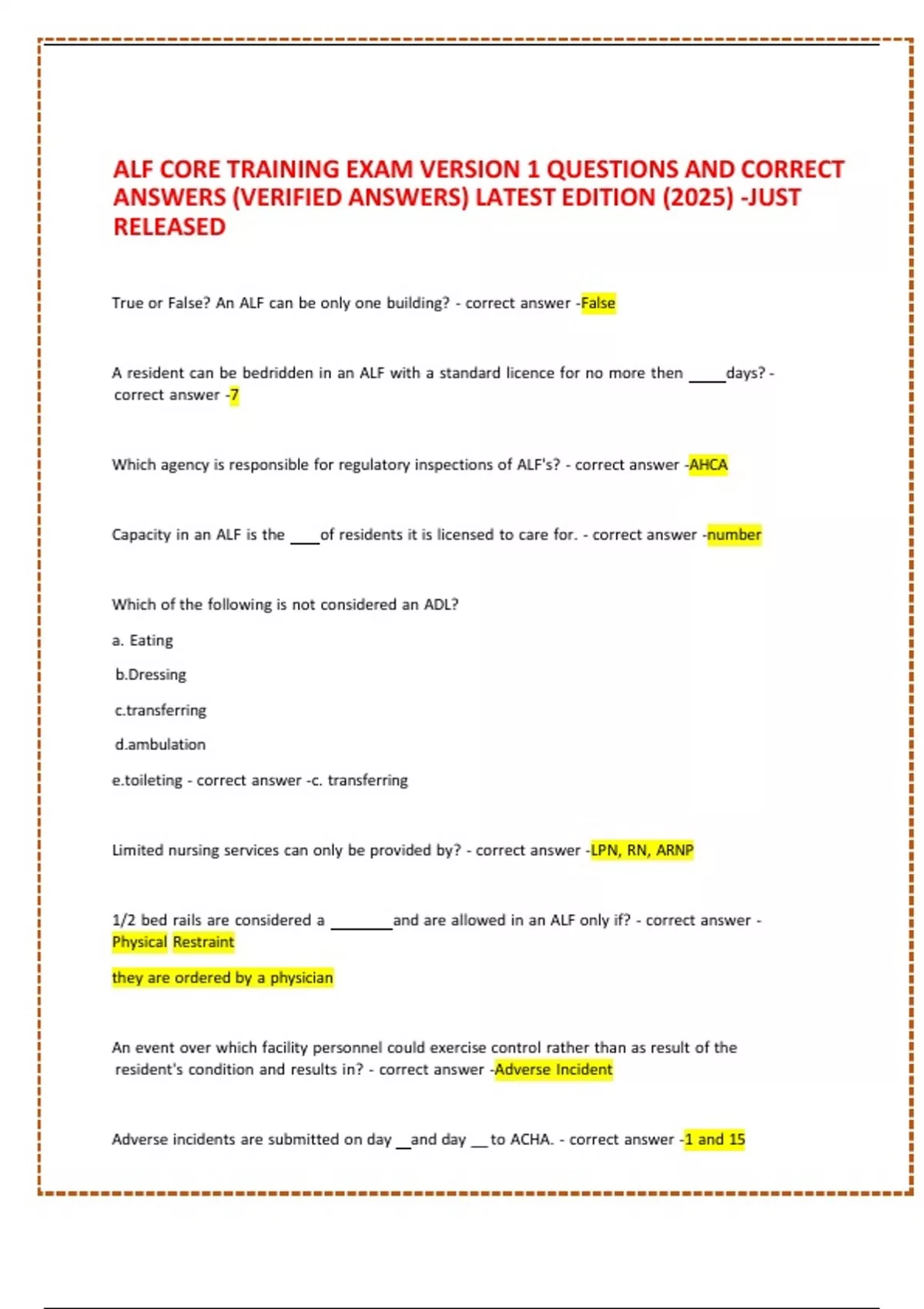 ALF CORE TRAINING EXAM VERSION 1 QUESTIONS AND CORRECT ANSWERS ...
