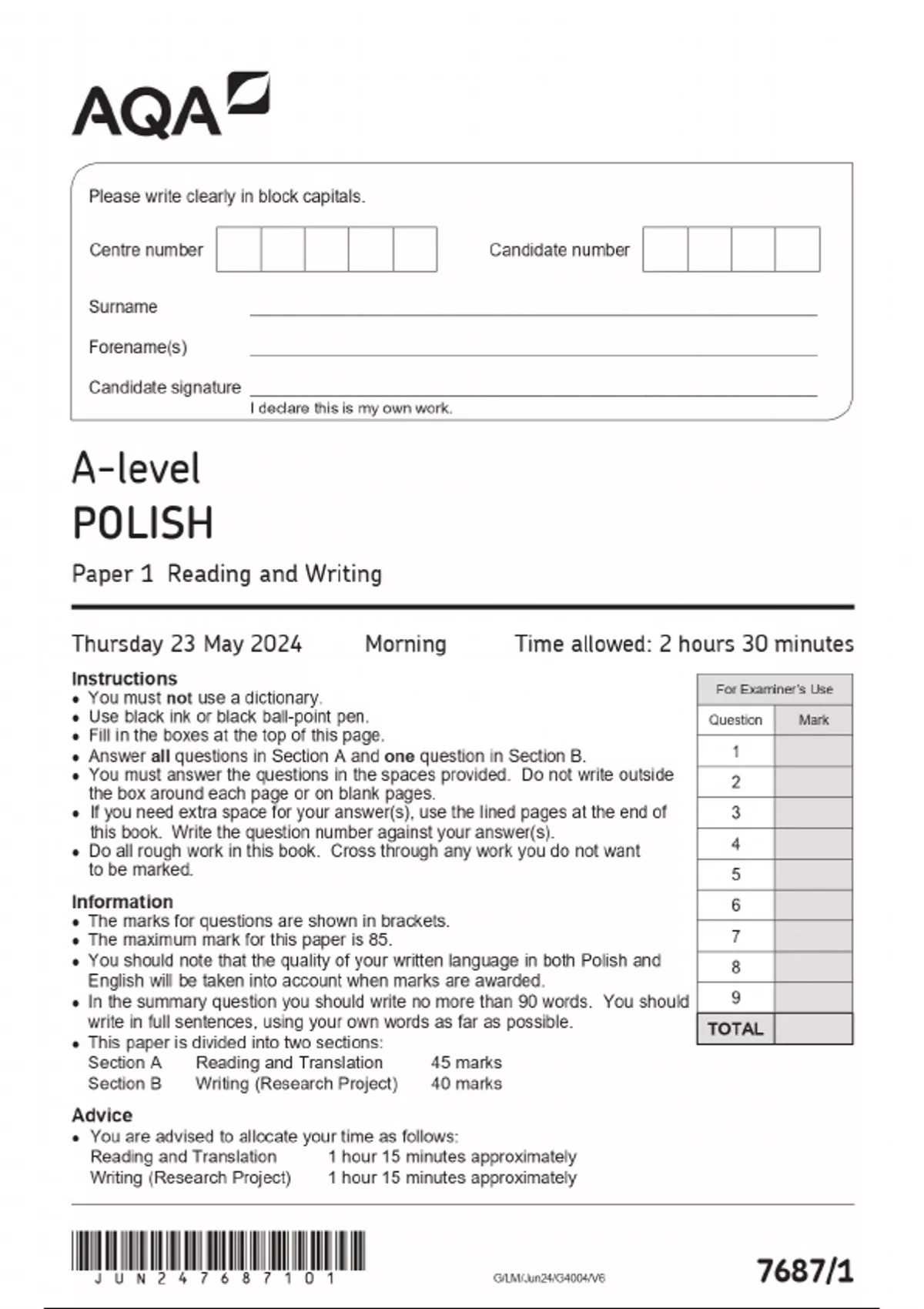 2024 AQA A-level POLISH Paper 1 Reading and Writing QUESTION PAPER WITH ...