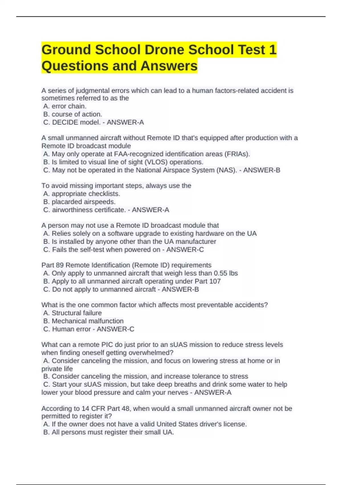 Ground School Drone School Test 1 Questions and Answers - Ground School ...