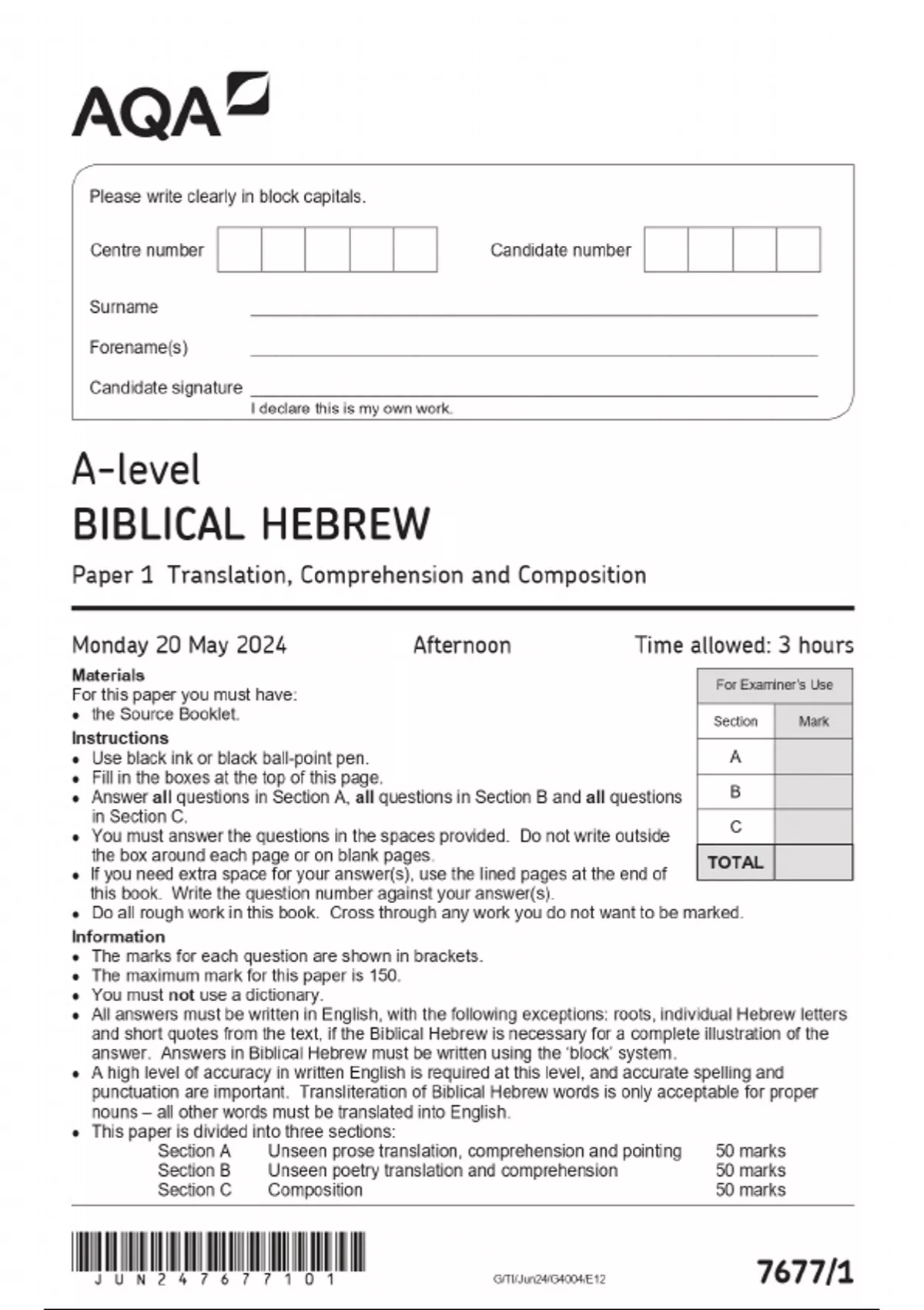 2024 AQA A-level BIBLICAL HEBREW Paper 1 Translation, Comprehension and ...