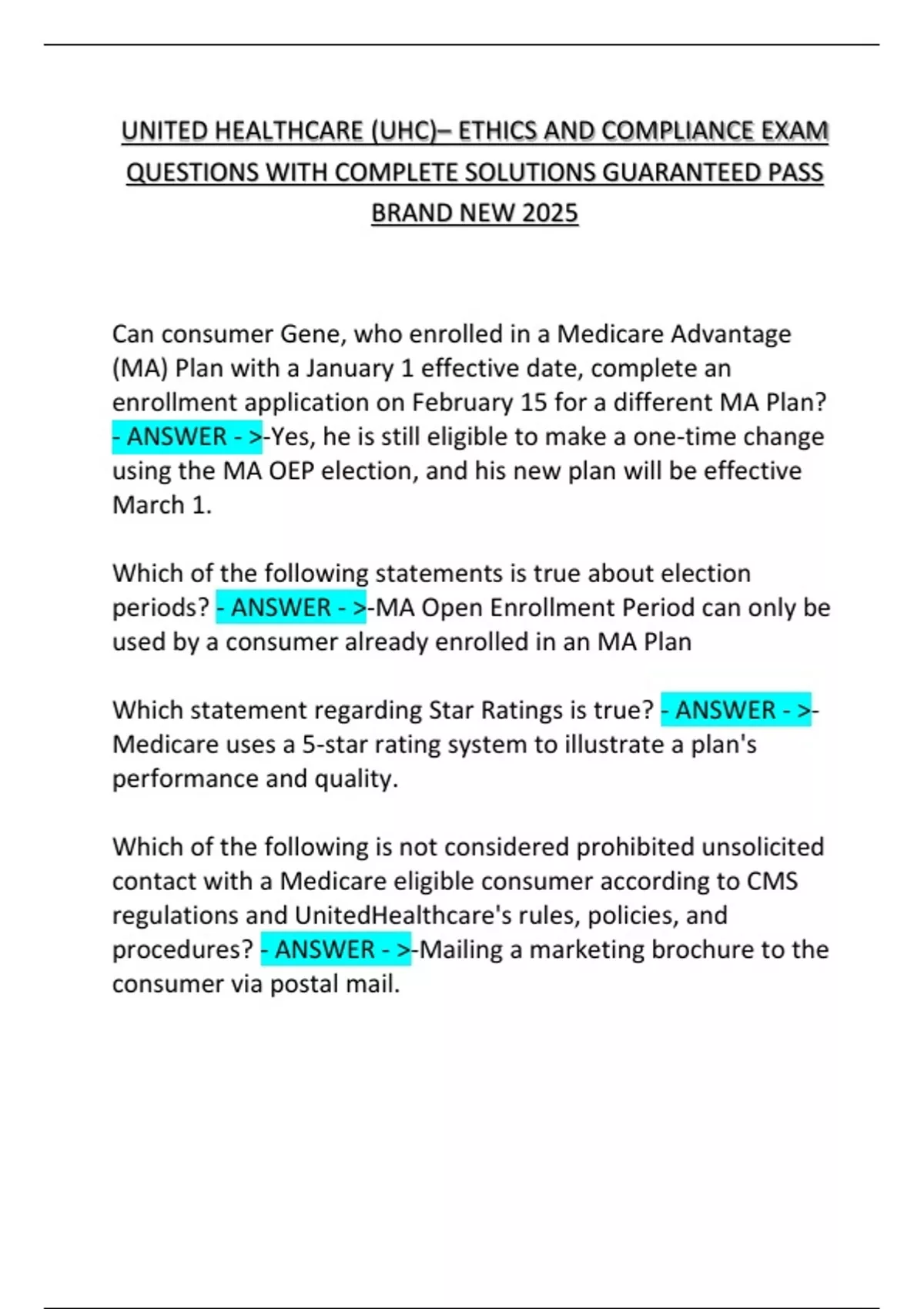 UNITED HEALTHCARE (UHC)– ETHICS AND COMPLIANCE EXAM QUESTIONS WITH ...