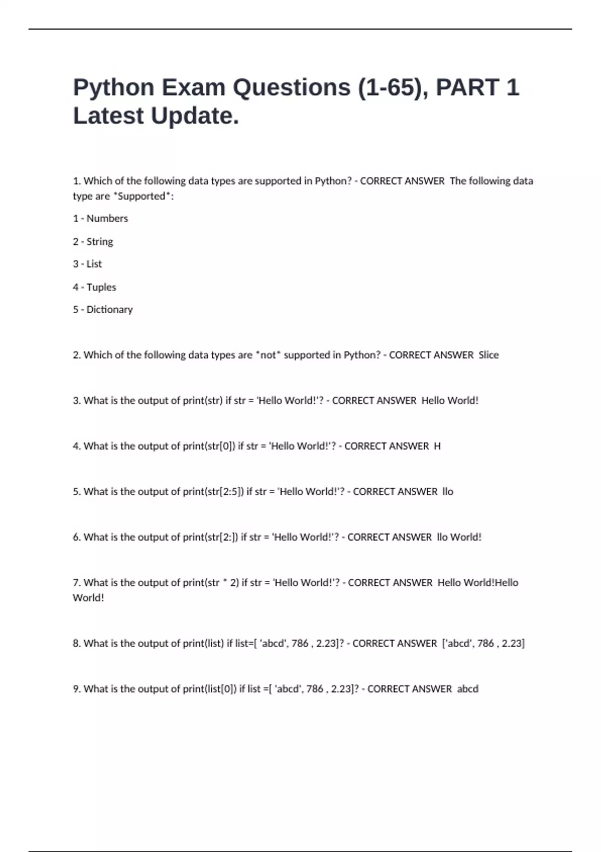 Python Exam Questions (1-65) , PART 1 - PYTHON. - Stuvia US