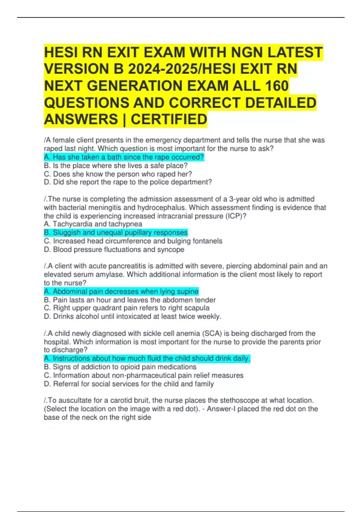 HESI RN EXIT EXAM WITH NGN LATEST VERSION B /HESI EXIT RN NEXT ...