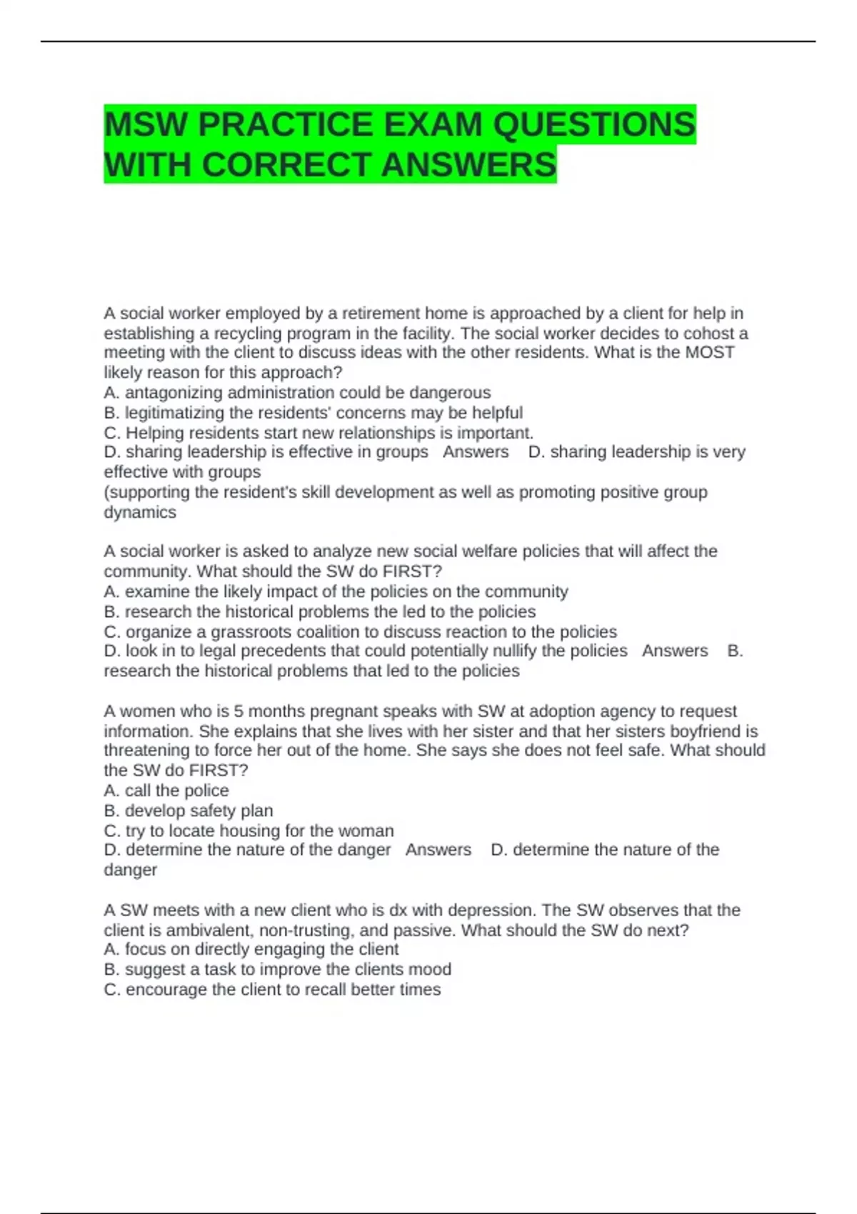 MSW PRACTICE EXAM QUESTIONS WITH CORRECT ANSWERS - MSW - Stuvia US