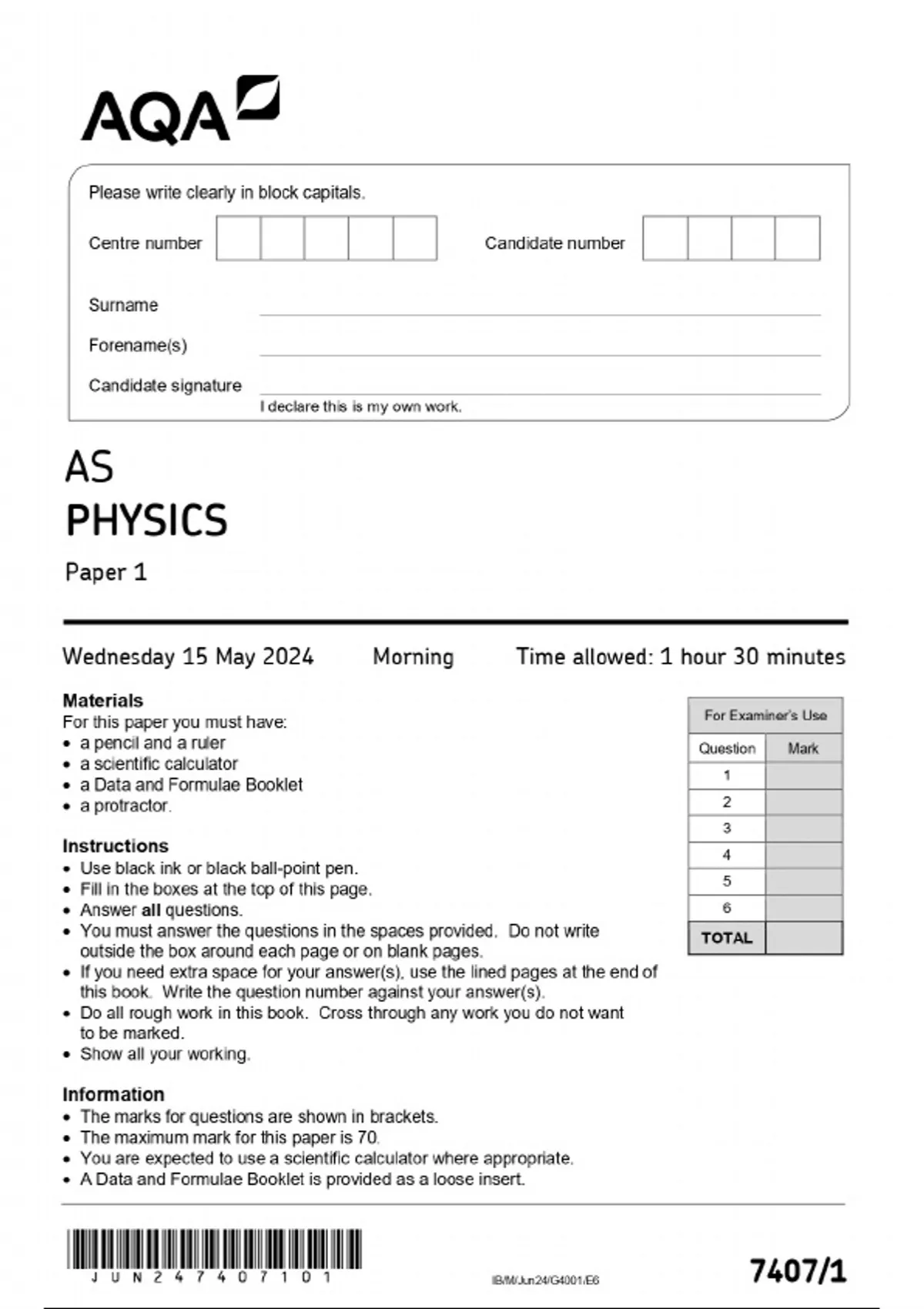 2024 AQA AS PHYSICS Paper 1 QUESTION PAPER WITH FINAL MARKING SCHEME ...