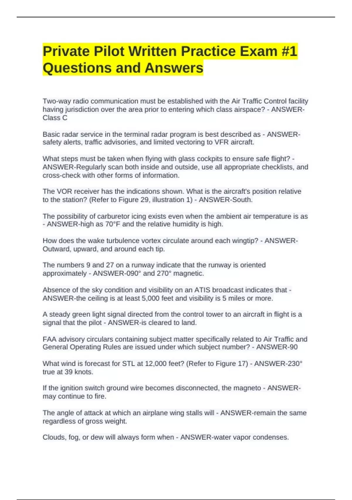 Private Pilot Written Practice Exam #1 Questions and Answers - Ground ...