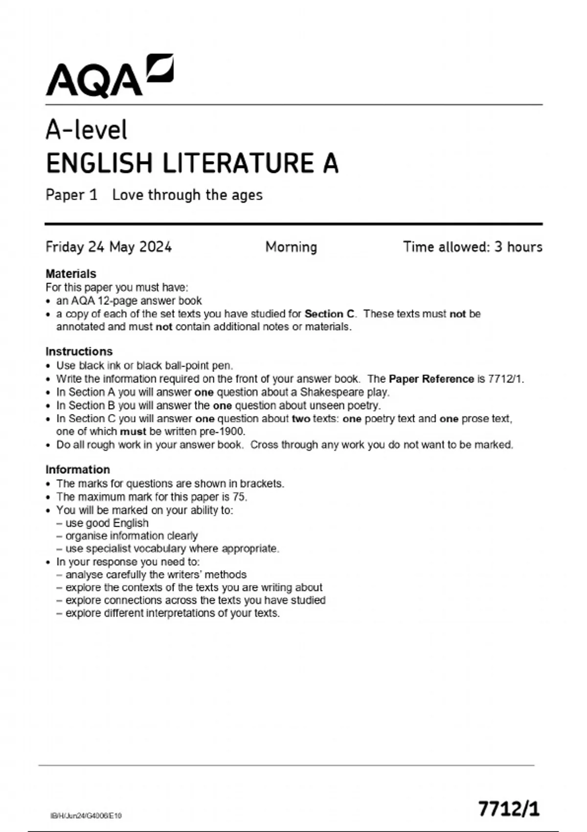 2024 AQA A-level ENGLISH LITERATURE A Paper 1 Love through the ages ...