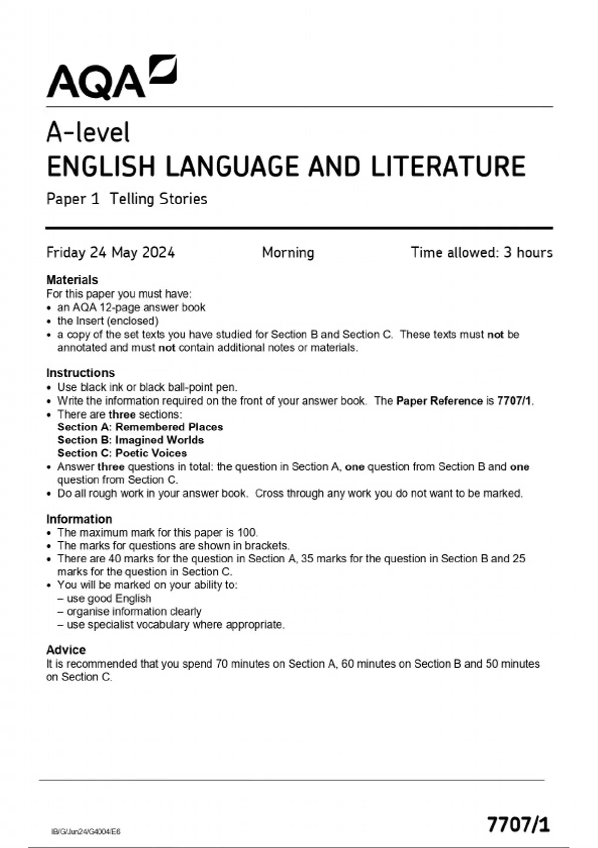 2024 AQA A-level ENGLISH LANGUAGE AND LITERATURE Paper 1 Telling ...