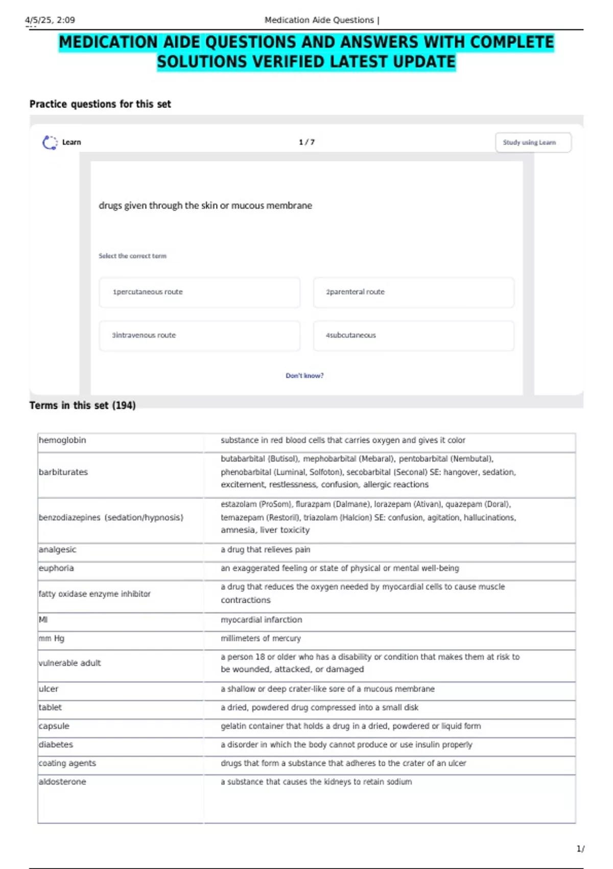MEDICATION AIDE QUESTIONS AND ANSWERS WITH COMPLETE SOLUTIONS VERIFIED ...