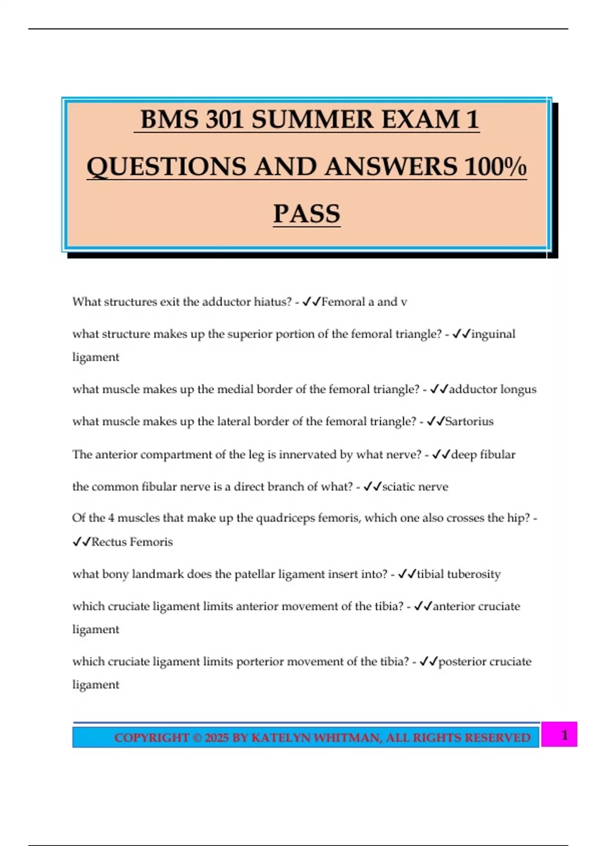 BMS 301 SUMMER EXAM 1 QUESTIONS AND ANSWERS 100% PASS - BMS 301 - Stuvia US