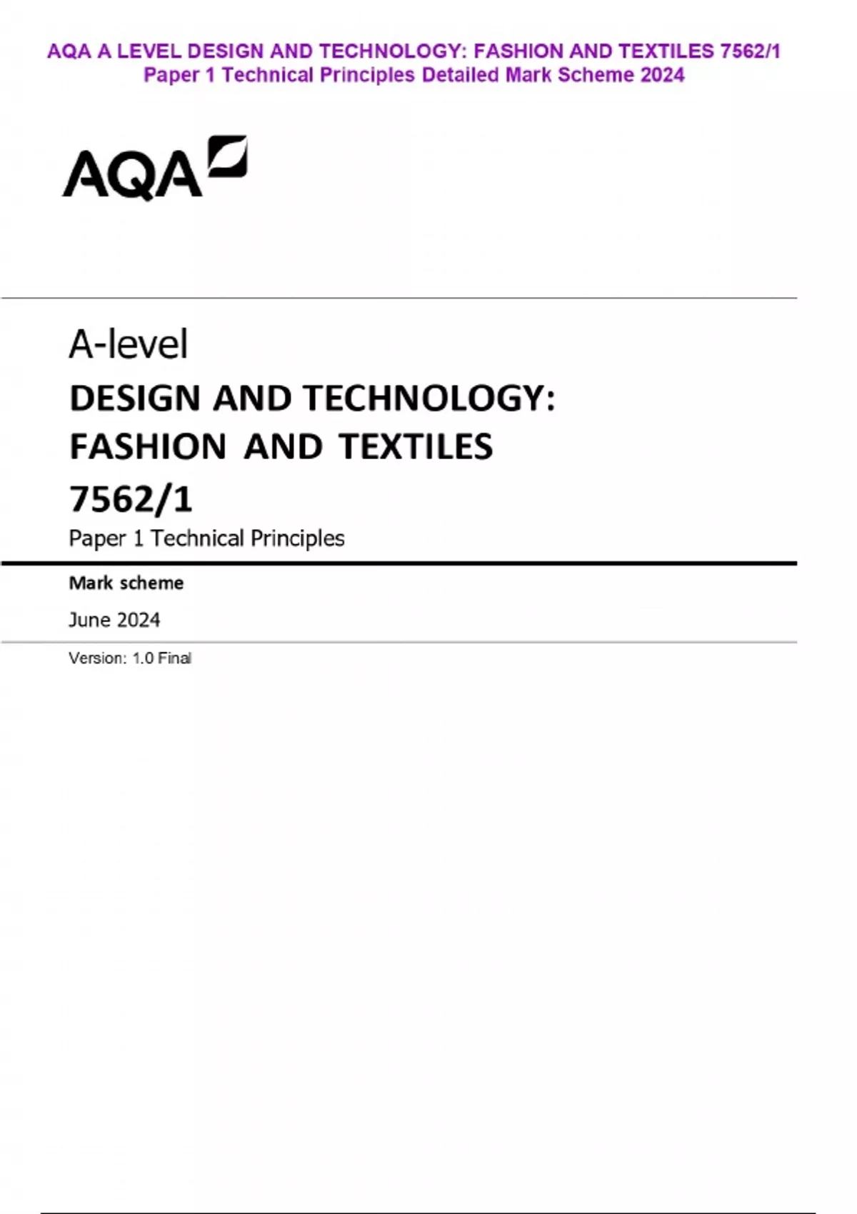 AQA A LEVEL DESIGN AND TECHNOLOGY: FASHION AND TEXTILES 7562/1 Paper 1 ...