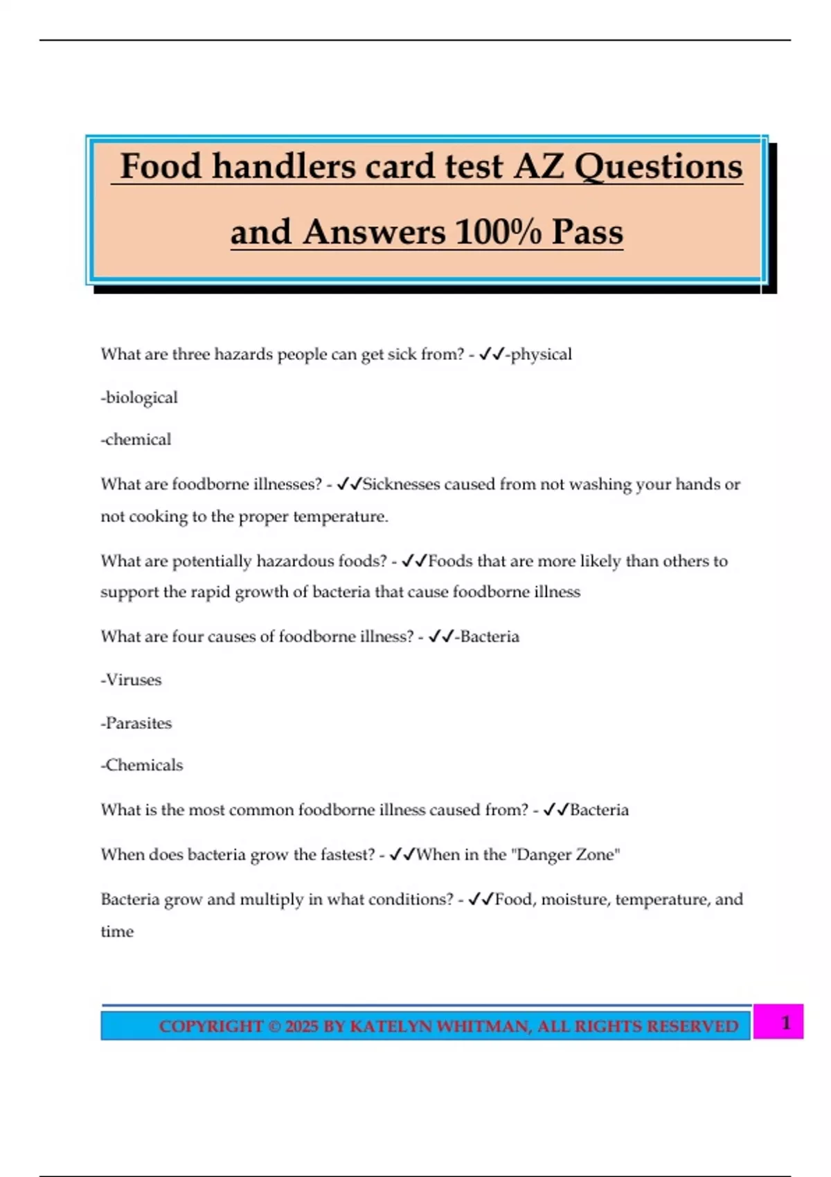 Food handlers card test AZ Questions and Answers 100% Pass - Food ...