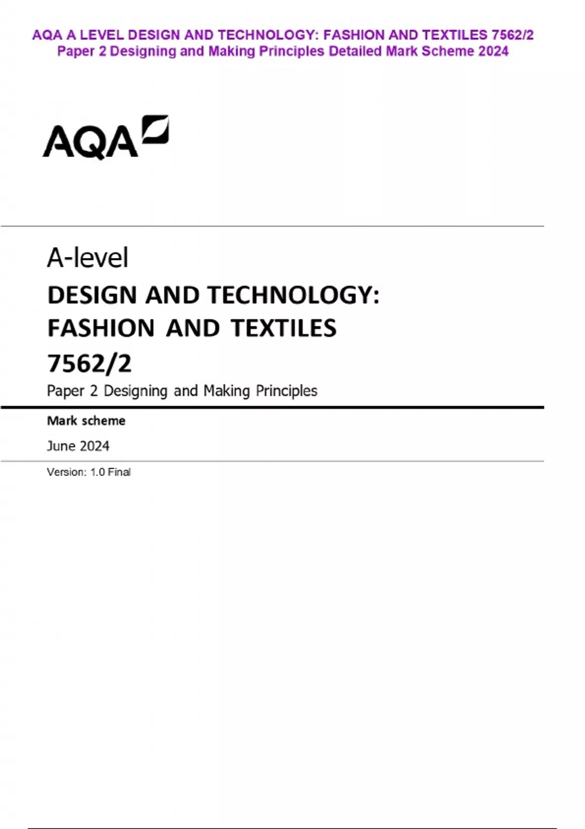 AQA A LEVEL DESIGN AND TECHNOLOGY: FASHION AND TEXTILES 7562/2 Paper 2 ...
