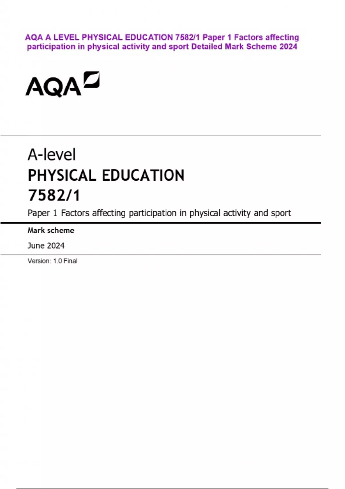 AQA A LEVEL PHYSICAL EDUCATION 7582/1 Paper 1 Factors affecting ...