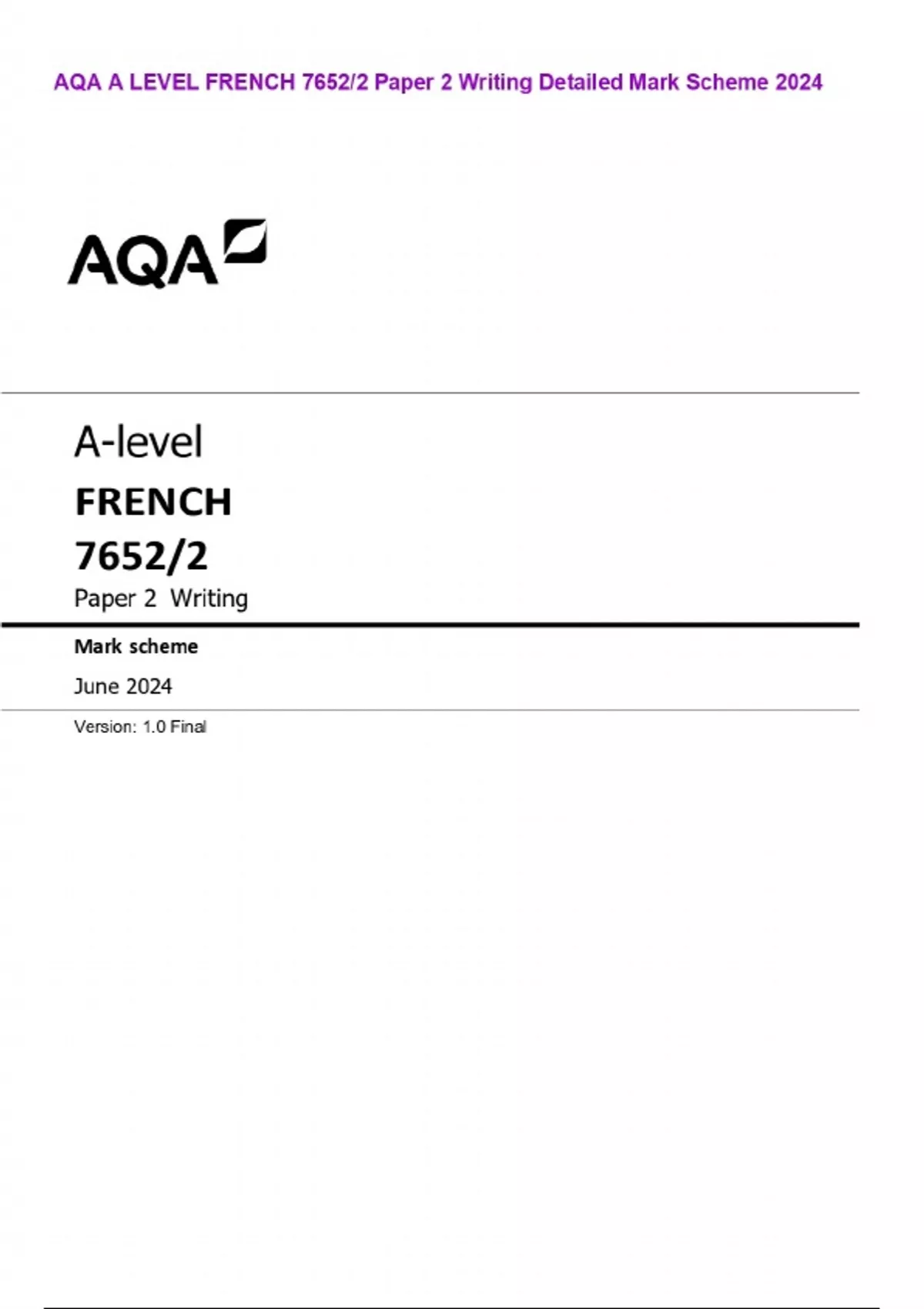 AQA A LEVEL FRENCH 7652/2 Paper 2 Writing Detailed Mark Scheme 2024 ...