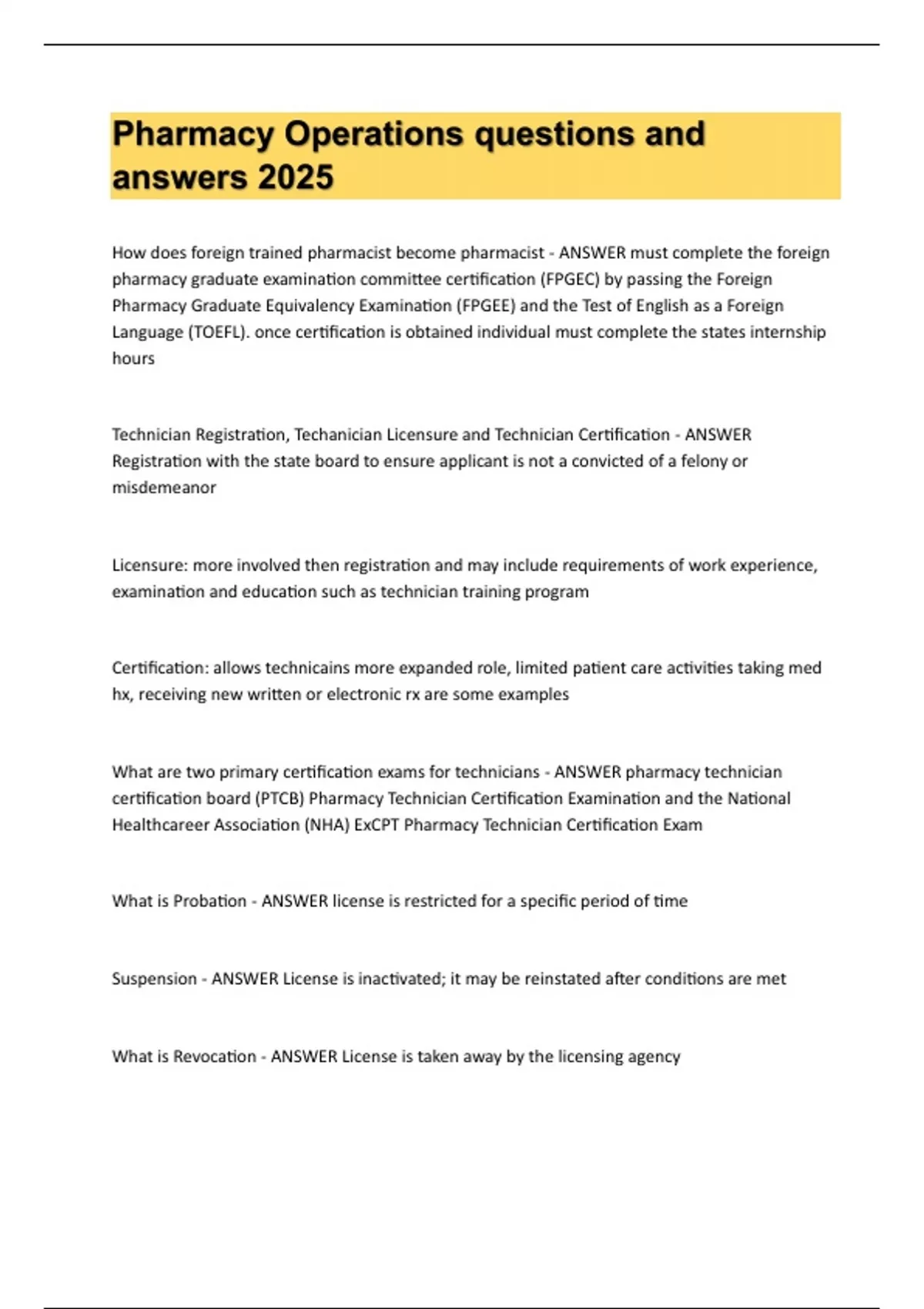 Pharmacy Operations questions and answers 2025. - FPGEE - Stuvia US