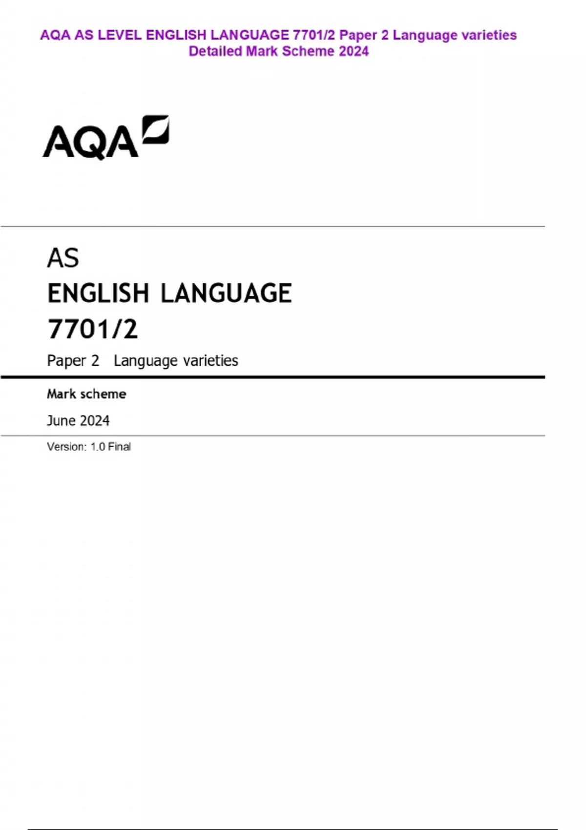AQA AS LEVEL ENGLISH LANGUAGE 7701/2 Paper 2 Language varieties ...