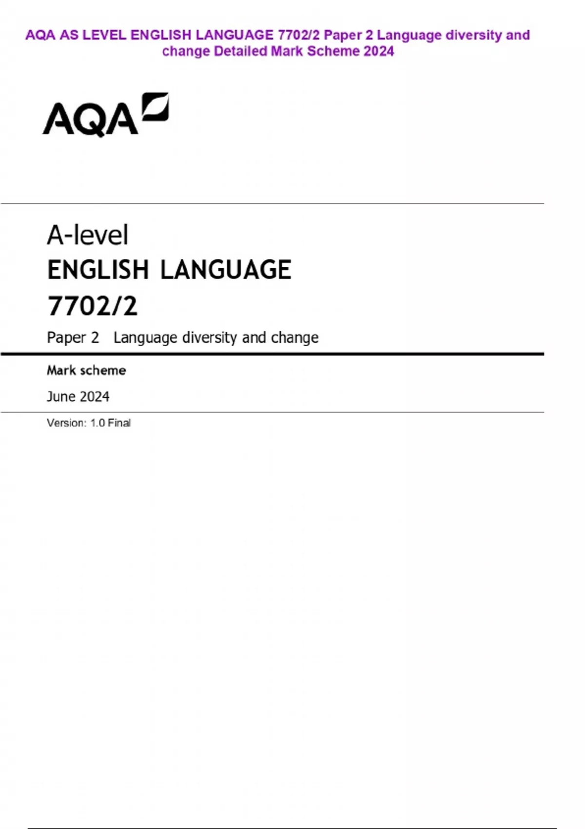AQA AS LEVEL ENGLISH LANGUAGE 7702/2 Paper 2 Language diversity and ...