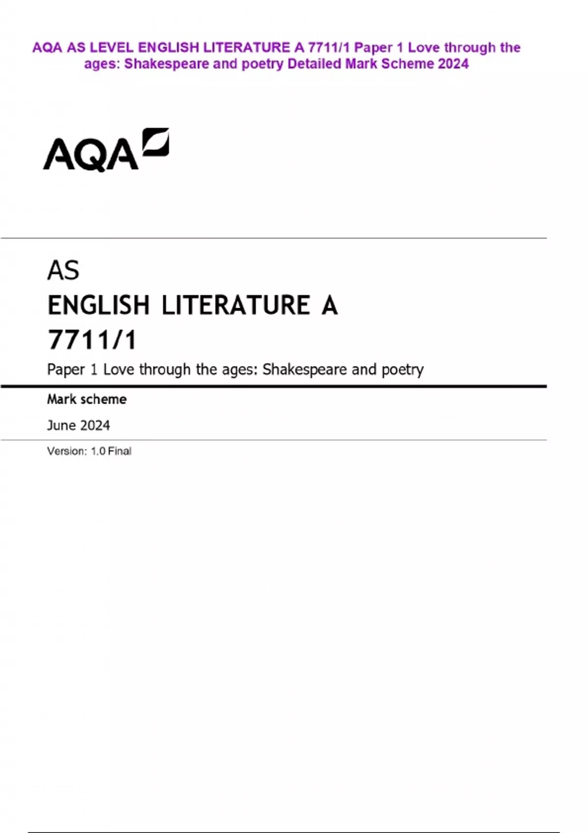 AQA AS LEVEL ENGLISH LITERATURE A 7711/1 Paper 1 Love through the ages ...