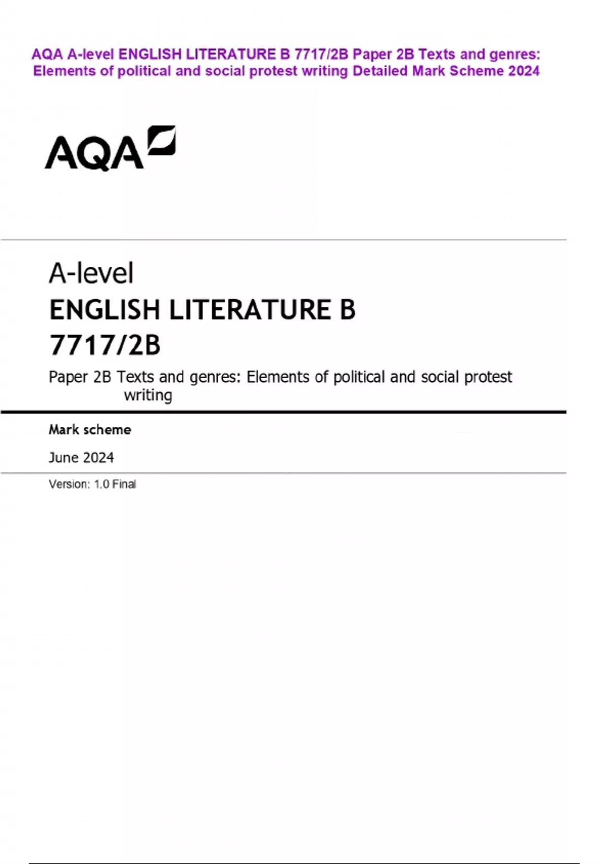 AQA A-level ENGLISH LITERATURE B 7717/2B Paper 2B Texts and genres ...