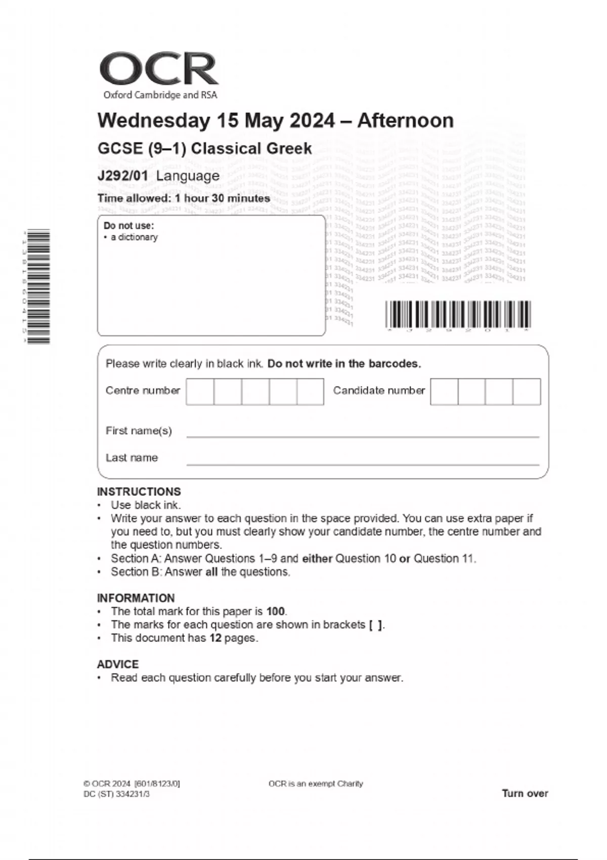 2024 OCR GCSE (9–1) Classical Greek J292/01 Language QUESTION PAPER WITH FINAL MARKING SCHEME ...