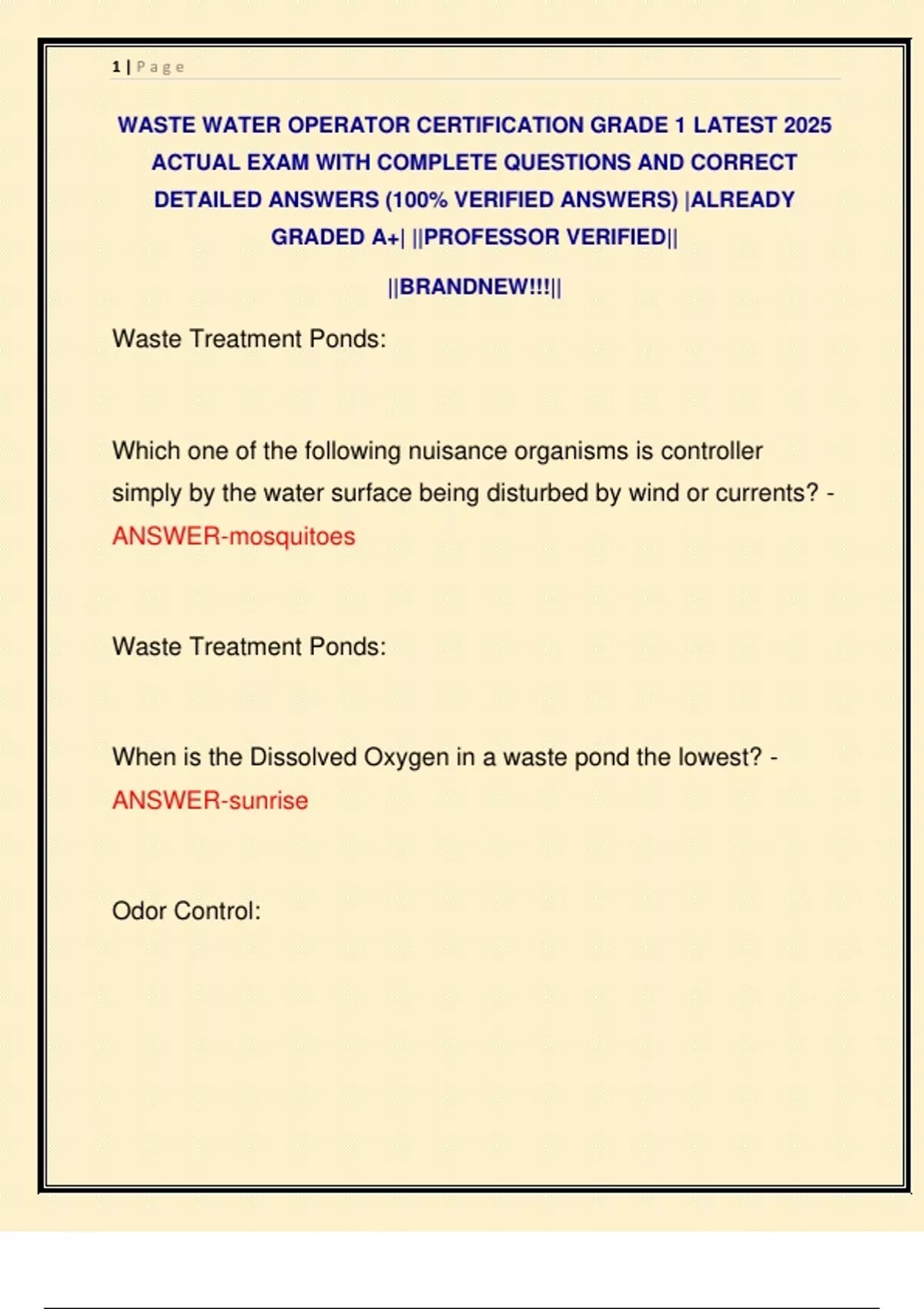 WASTE WATER OPERATOR CERTIFICATION GRADE 1 LATEST 2025 ACTUAL EXAM WITH ...