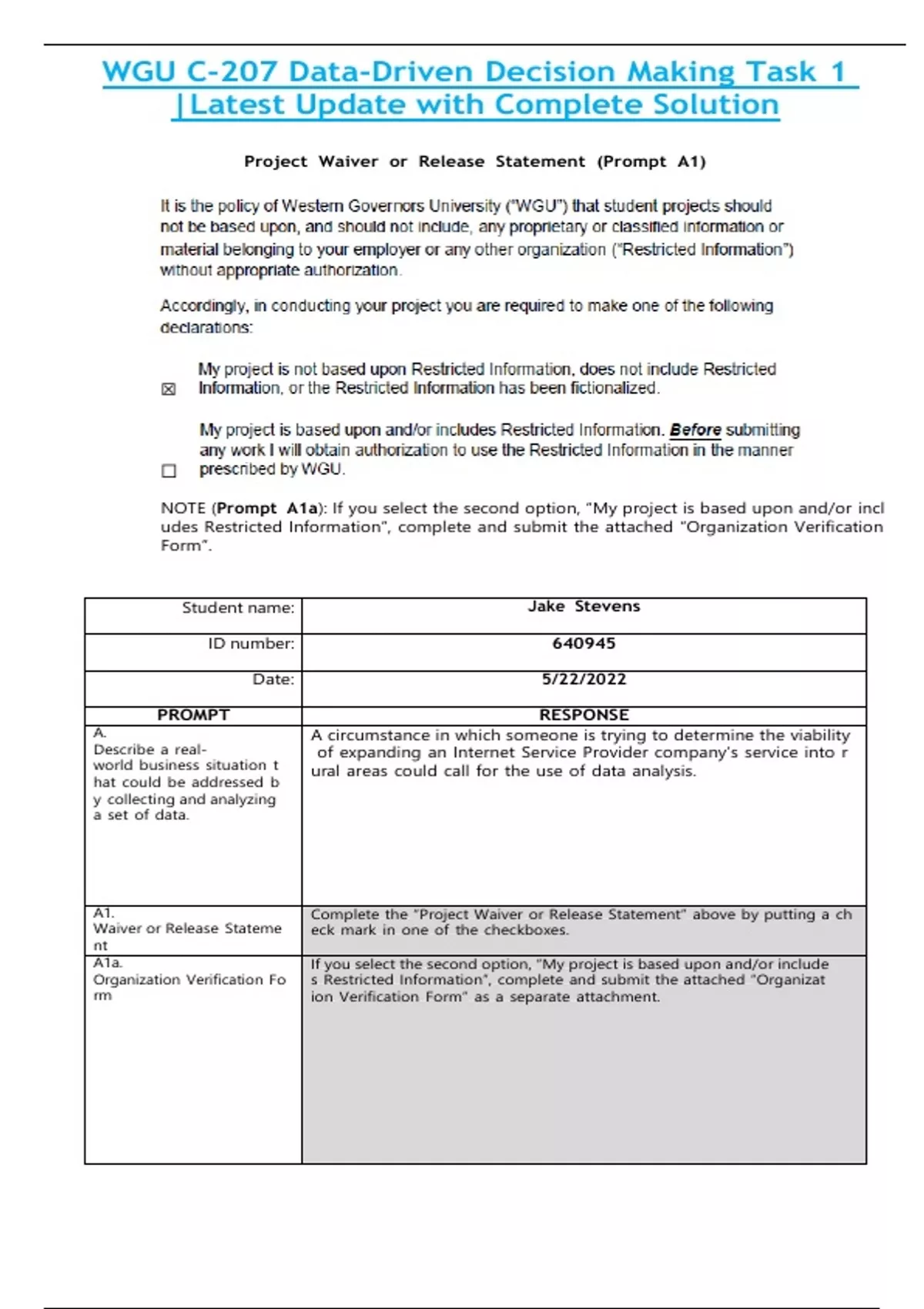 WGU C-207 Data-Driven Decision Making Task 1 |Latest Update with ...