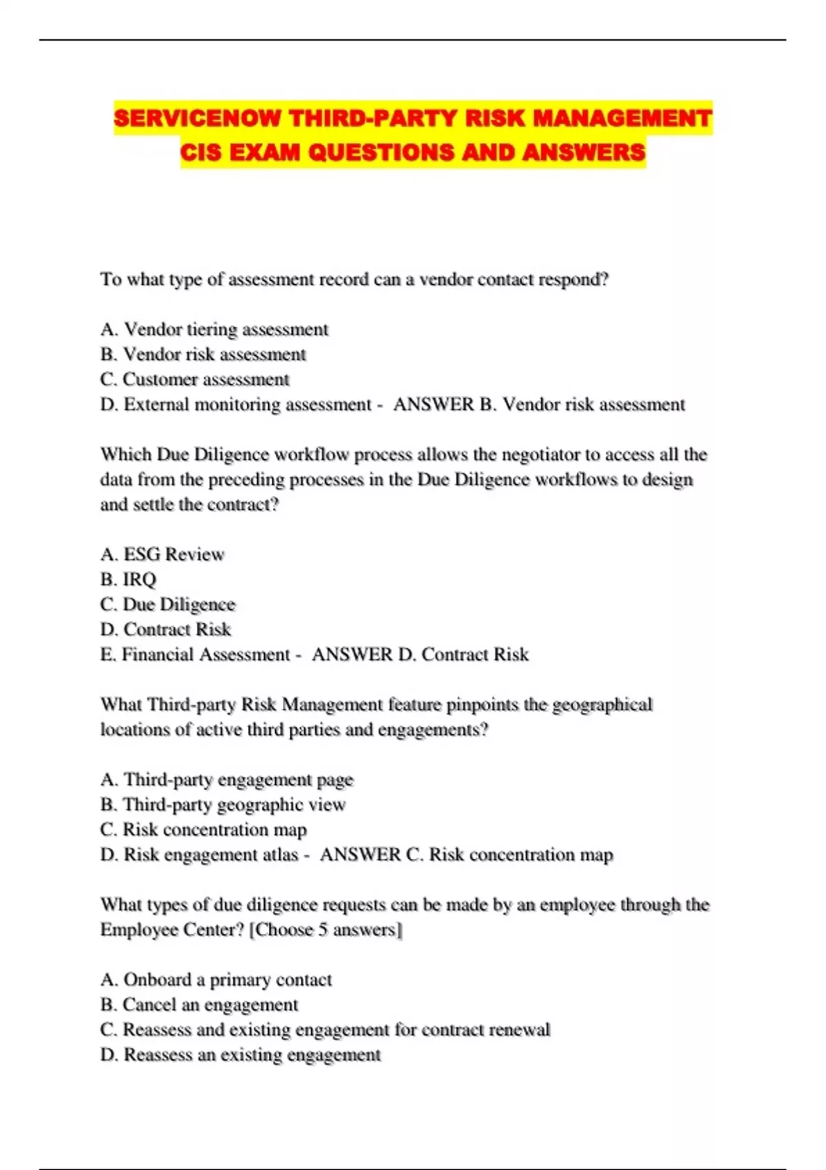 SERVICENOW THIRD-PARTY RISK MANAGEMENT CIS EXAM QUESTIONS AND ANSWERS ...
